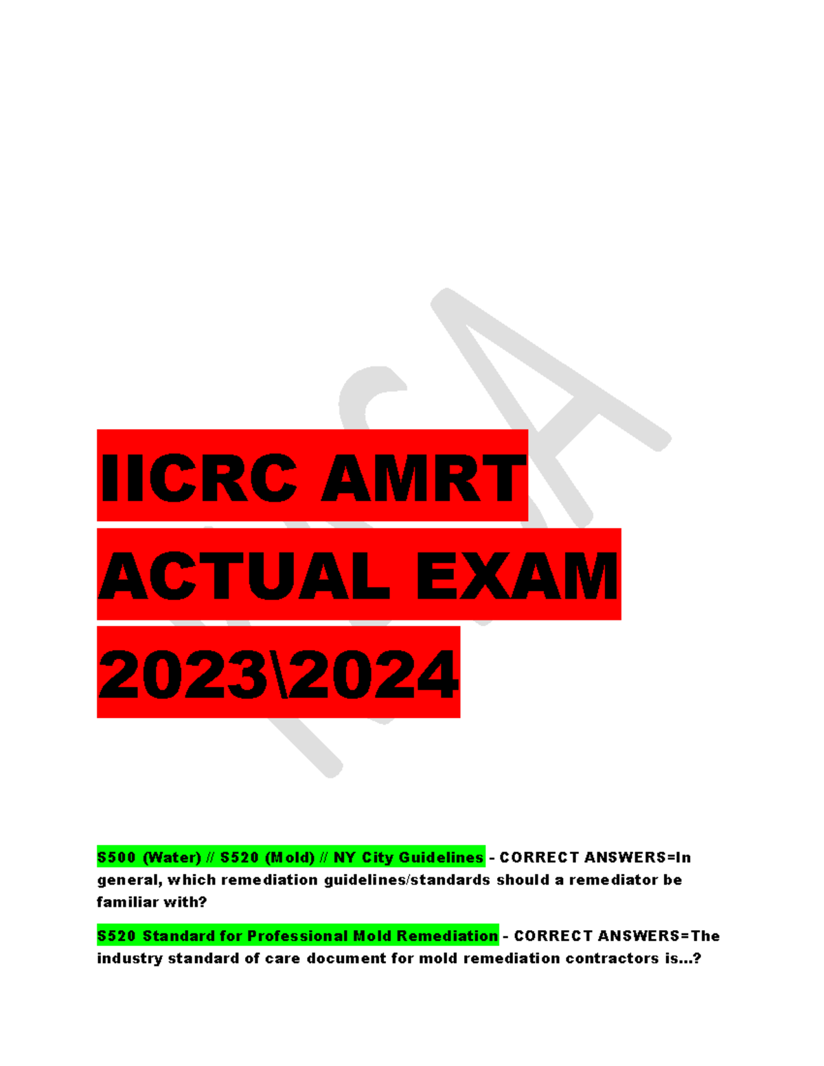 Iicrc AMRT Actual EXAM 2023 - IICRC AMRT ACTUAL EXAM 2023 \ 2024 S500 ...