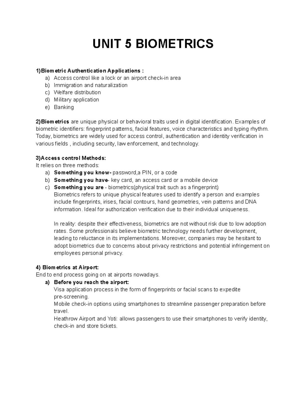 UNIT 5 Biometrics - UNIT 5 BIOMETRICS 1)Biometric Authentication Applications : a) Access ...