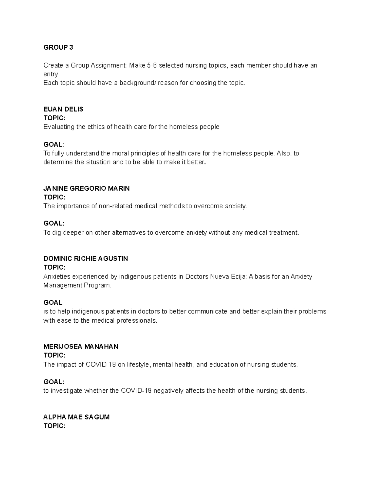 Research - Topics - GROUP 3 Create a Group Assignment: Make 5-6 ...