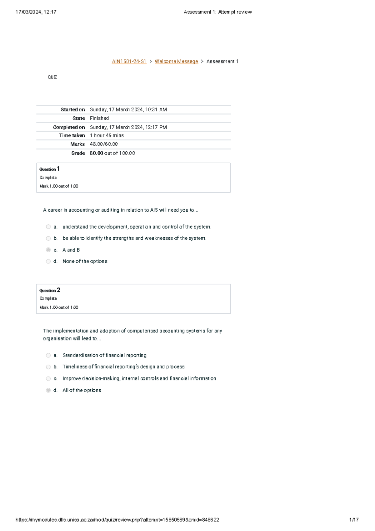 Assessment 1 2024 AIN1501 with answers - AIN1501-24-S1 Welcome Message ...