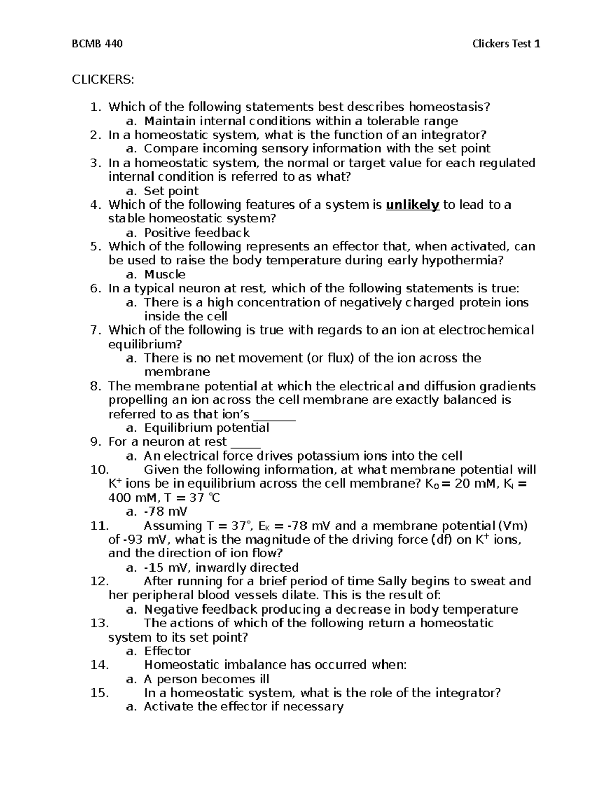 Clickers TEST 1 - BCMB 440 - CLICKERS: Which of the following ...