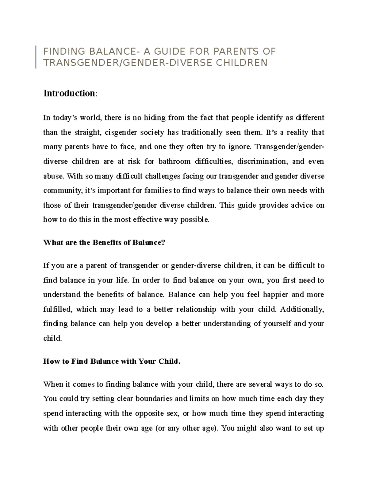 Finding Balance- A Guide FOR Parents OF Transgender, Gender- Diverse ...