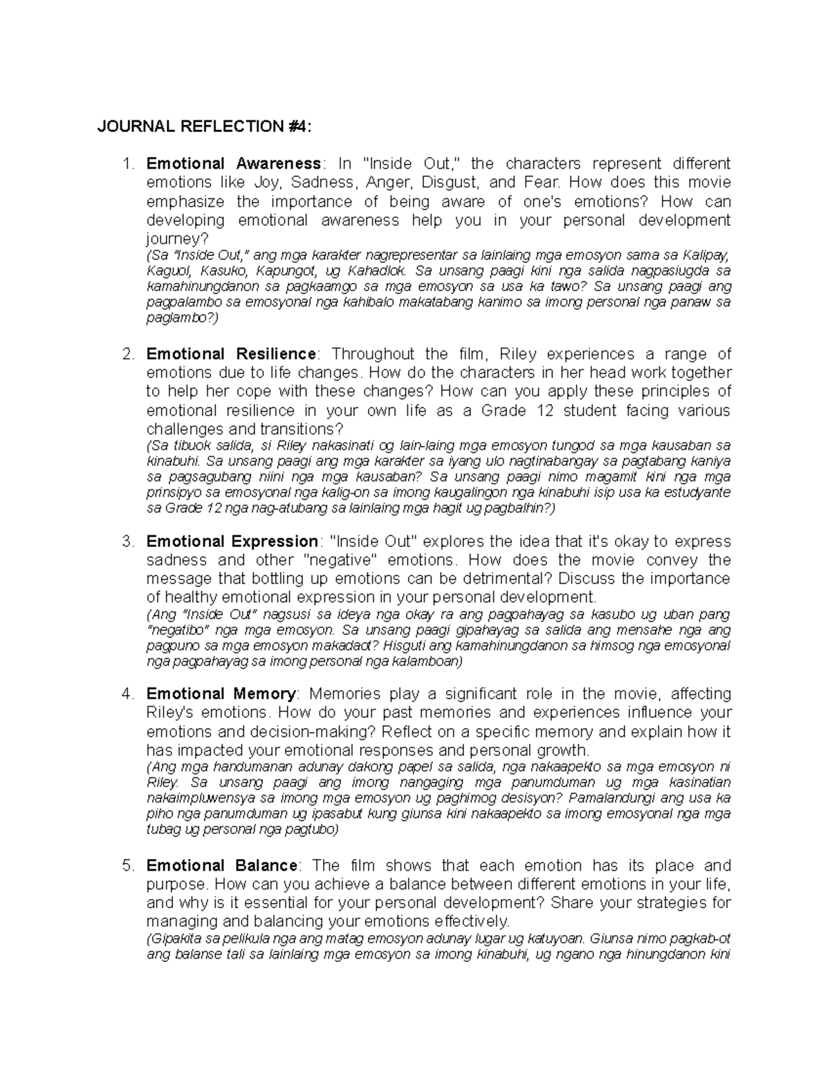 Journal 4 guide questions - JOURNAL REFLECTION #4: 1. Emotional ...