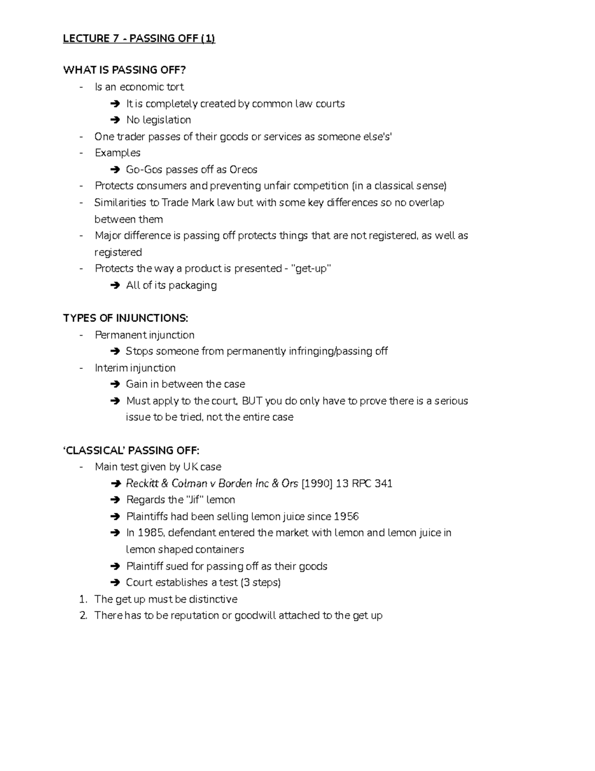 Lecture 7 - Passing Off - WHAT IS PASSING OFF? Is an economic tort It ...