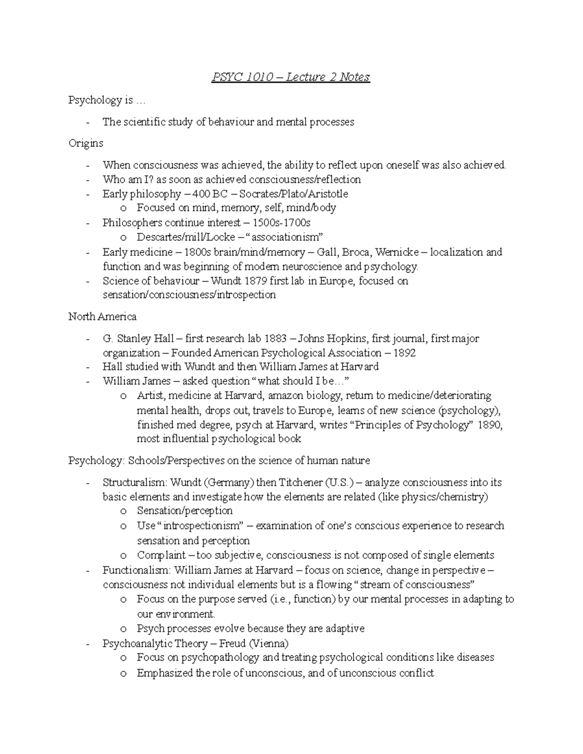 Psychology - Unit 1 Notes - PSYC 1010 – Lecture 2 Notes Psychology is ...