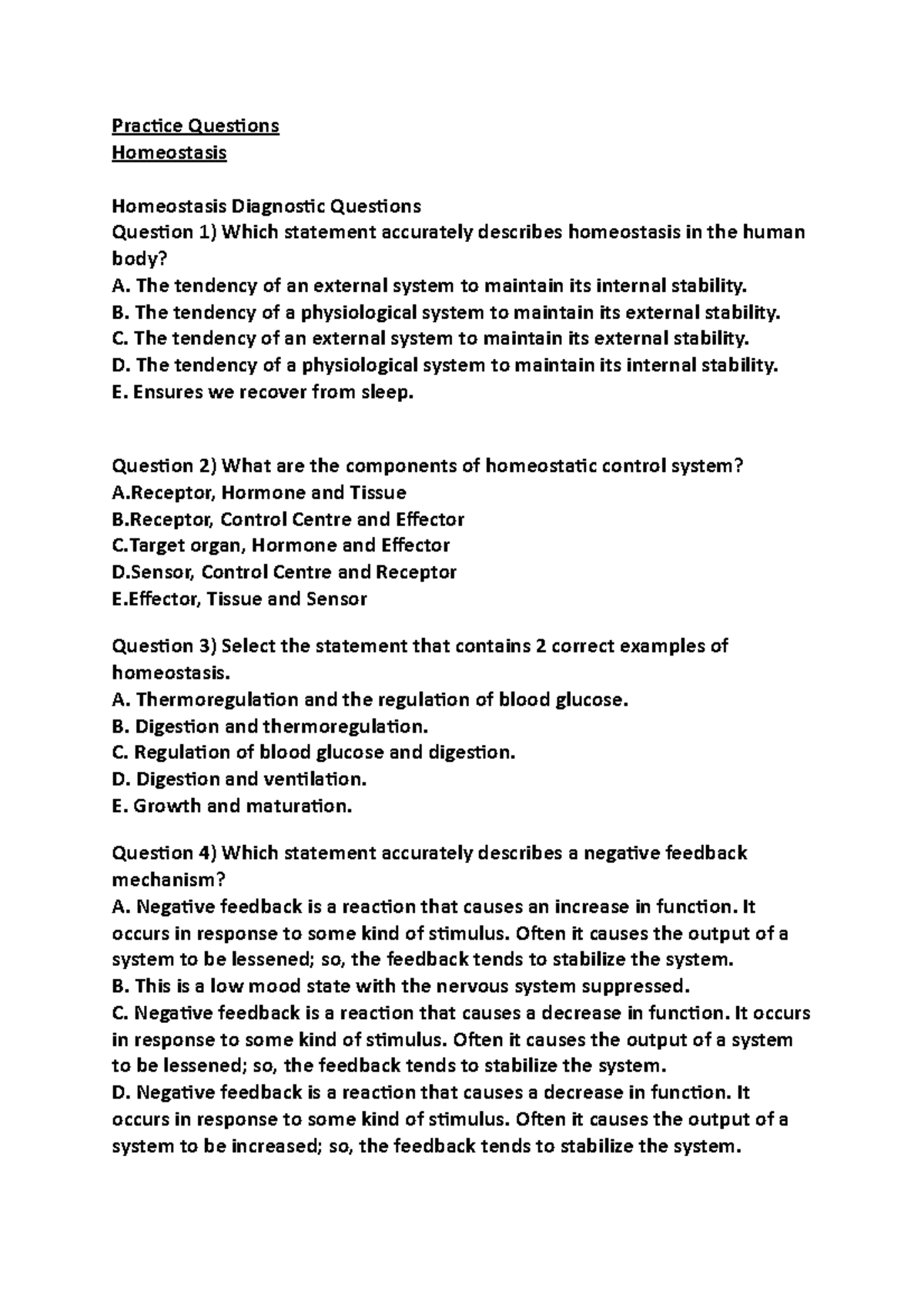 Exam questions - physiology - Practice Questions Homeostasis ...