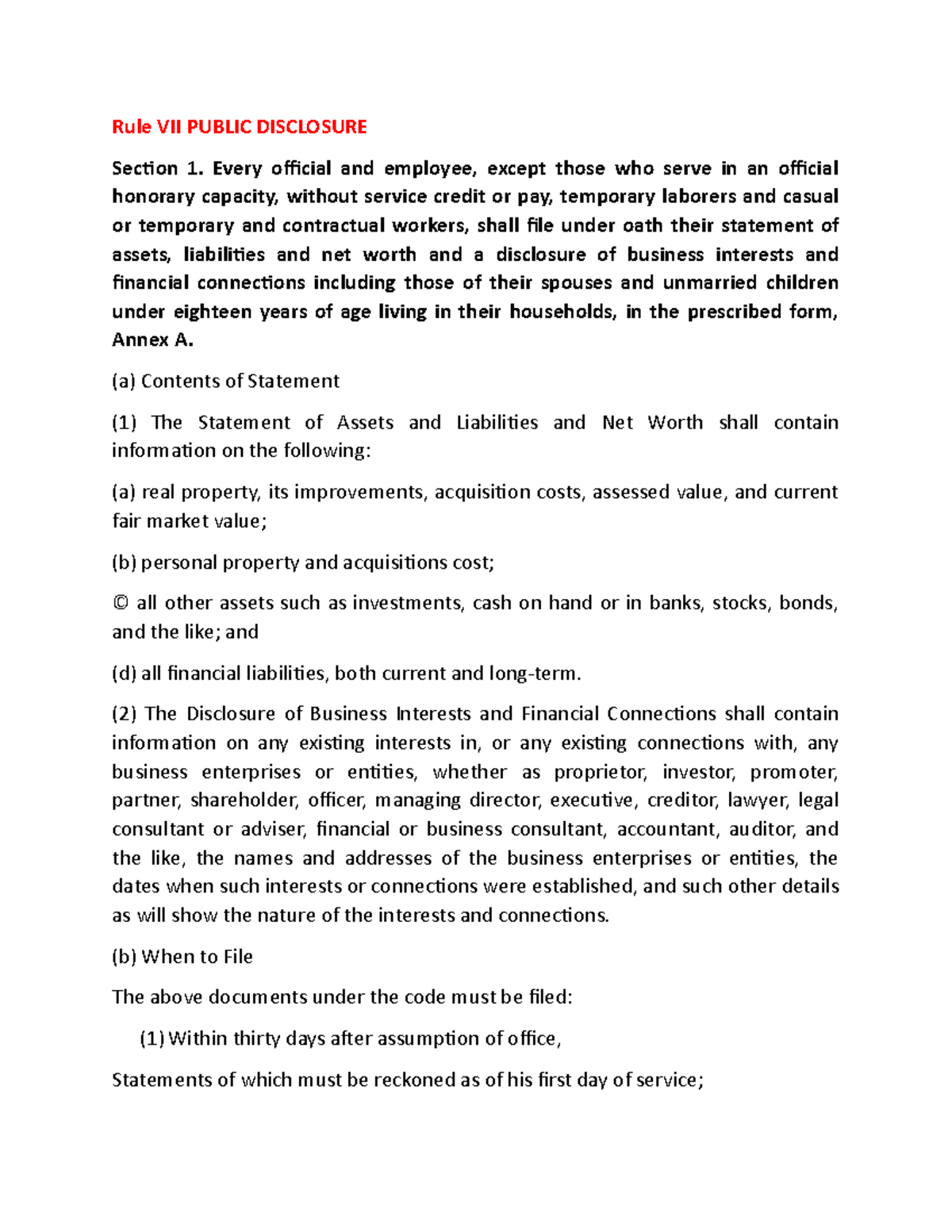 Rule VII Public Disclosure - Rule VII PUBLIC DISCLOSURE Section 1 ...