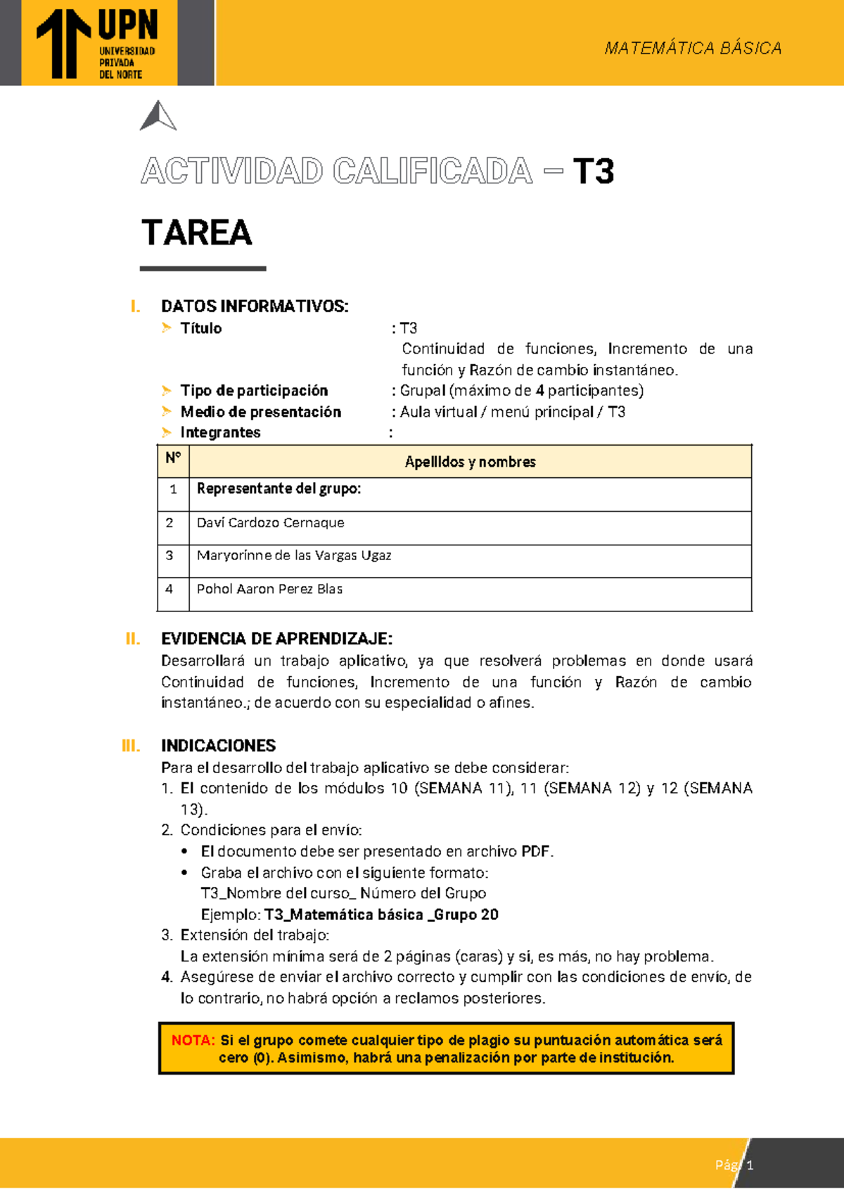 MATH.1100.T3 ( Matematica Basica) Solved - Resuelto - ACTIVIDAD CALIFICADA – T TAREA I. DATOS ...