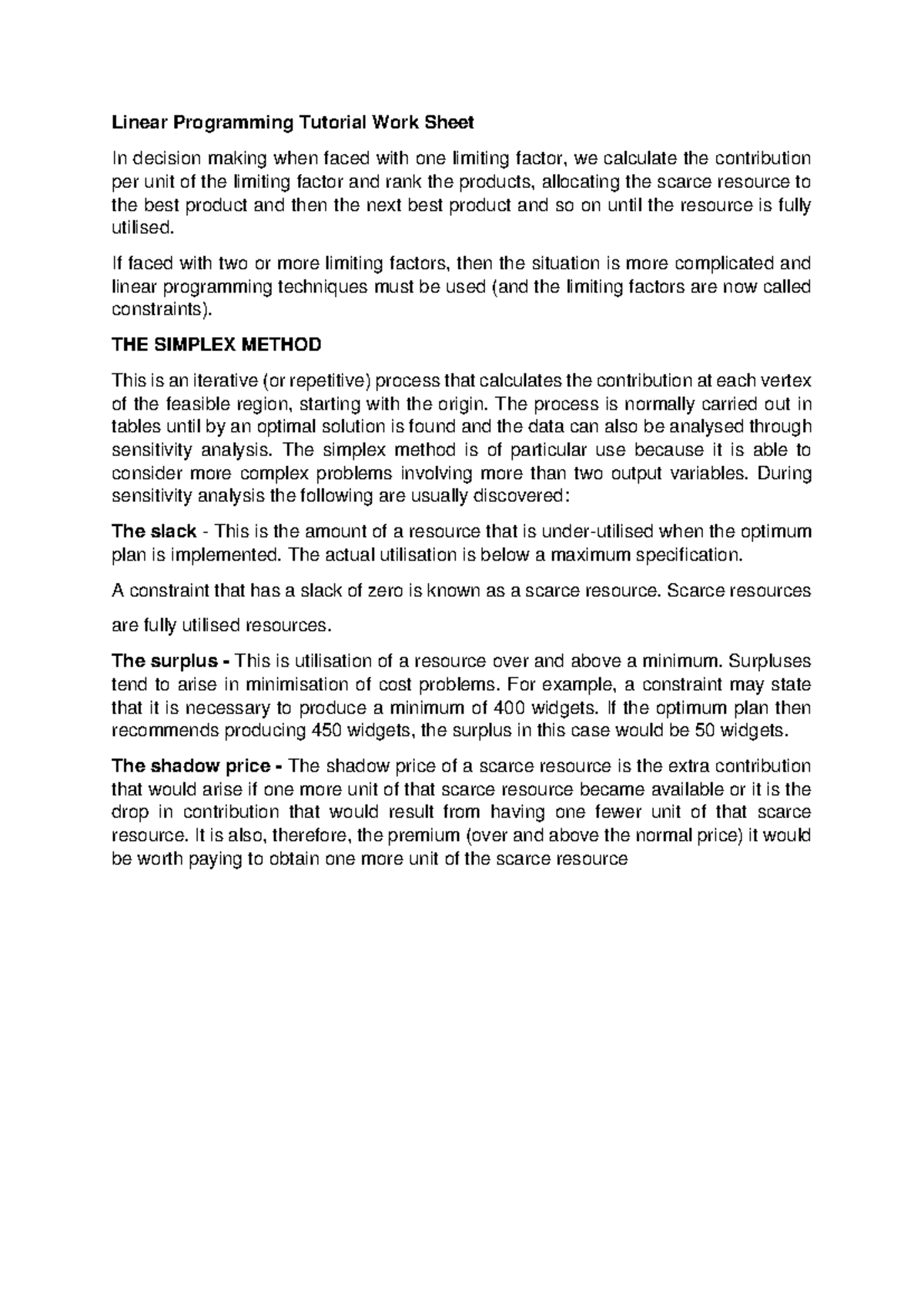 Linear Programming Tutorial Work Sheet - If faced with two or more ...