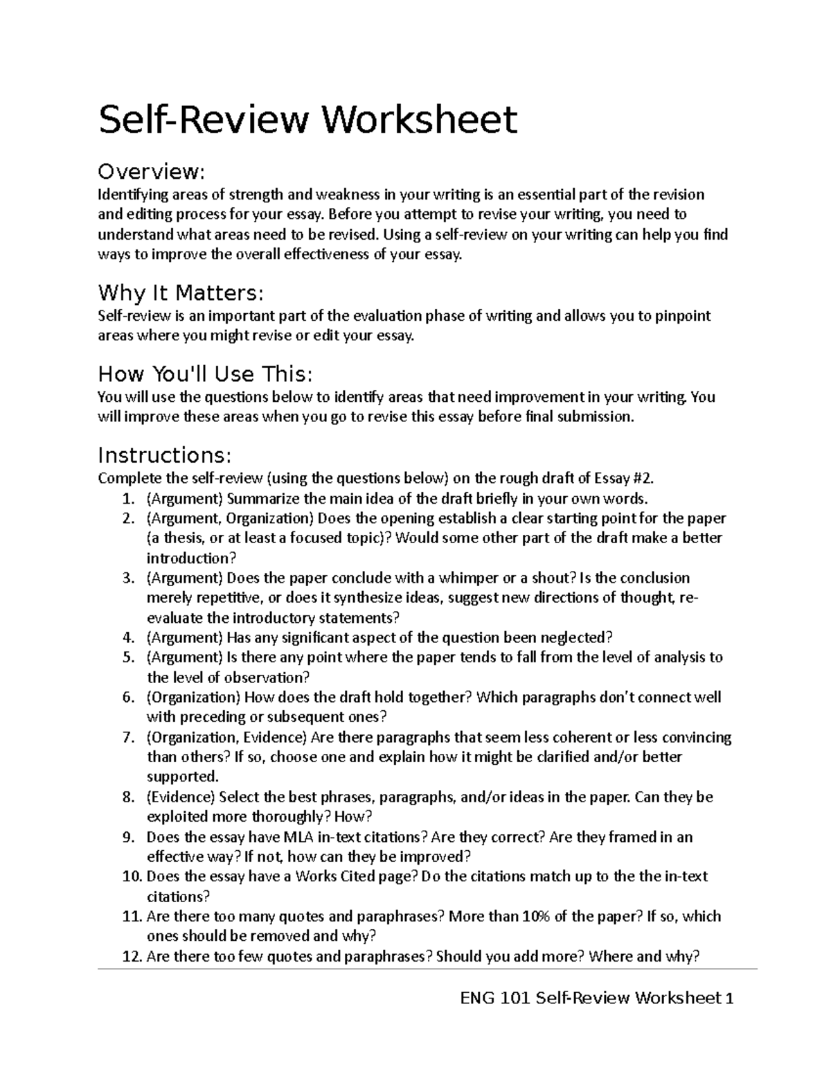 Self Review Worksheet - end of quarter homework - Self-Review Worksheet ...