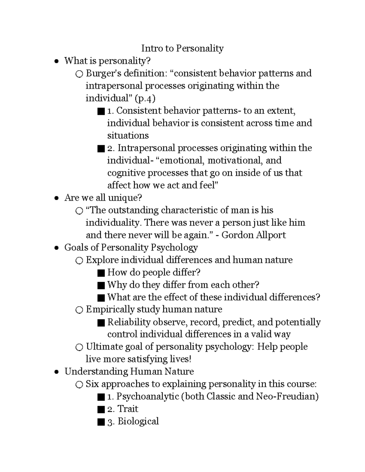 Intro to Personality - Consistent behavior patterns- to an extent ...
