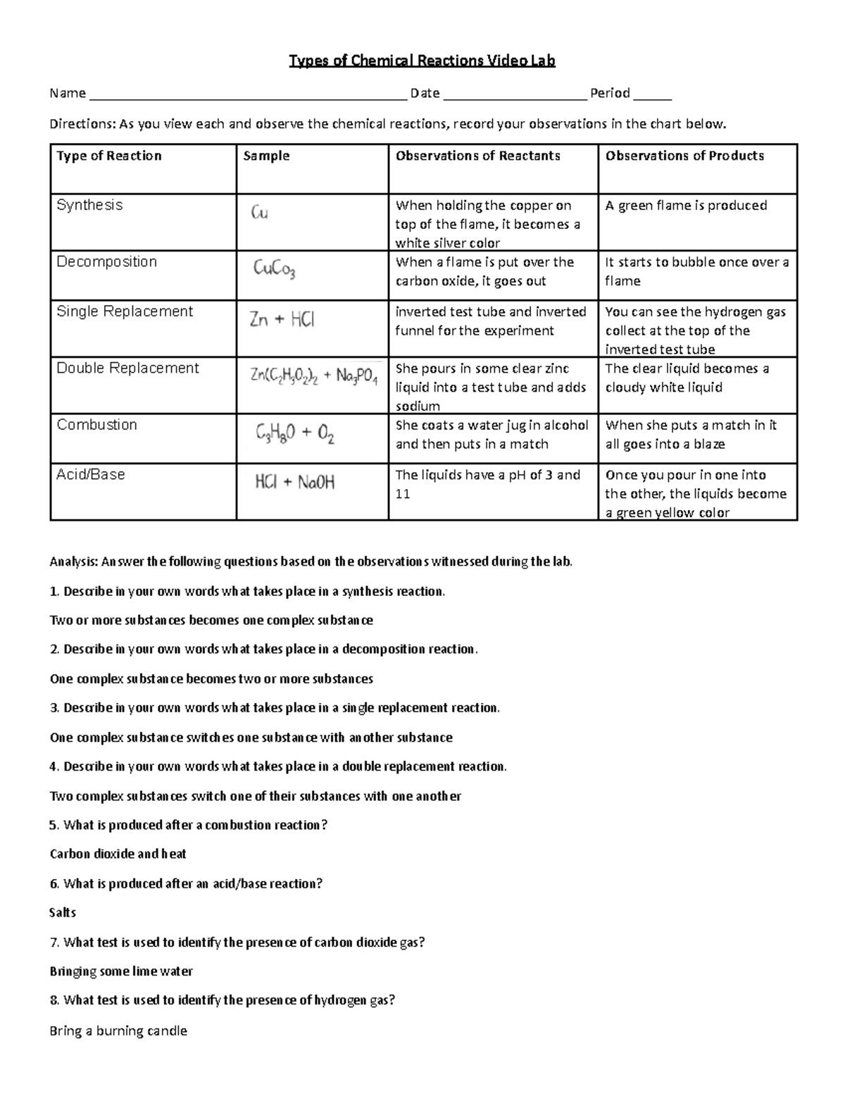 Sophia Lozano - Types of Chemical Reactions Video Lab - Types of ...