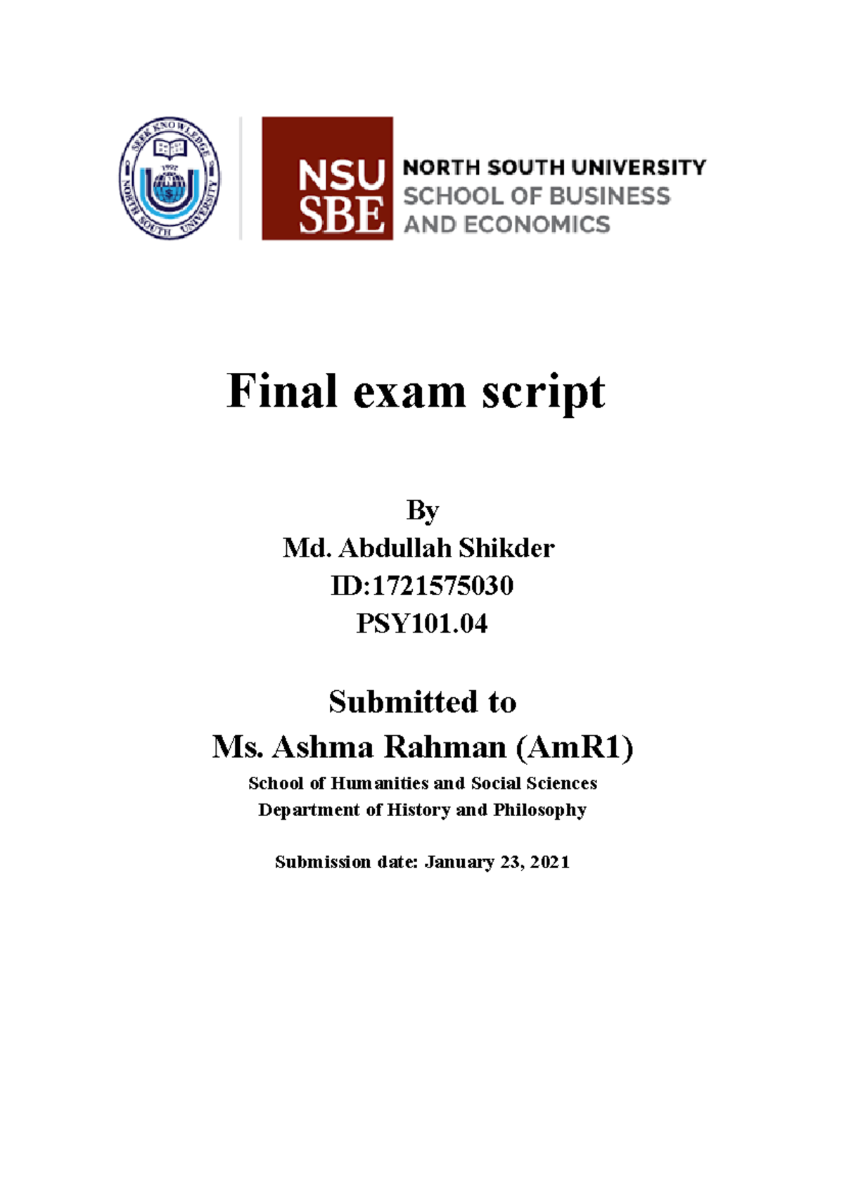 Abdullah Shikder PSY101 - Final exam script By Md. Abdullah Shikder ID ...