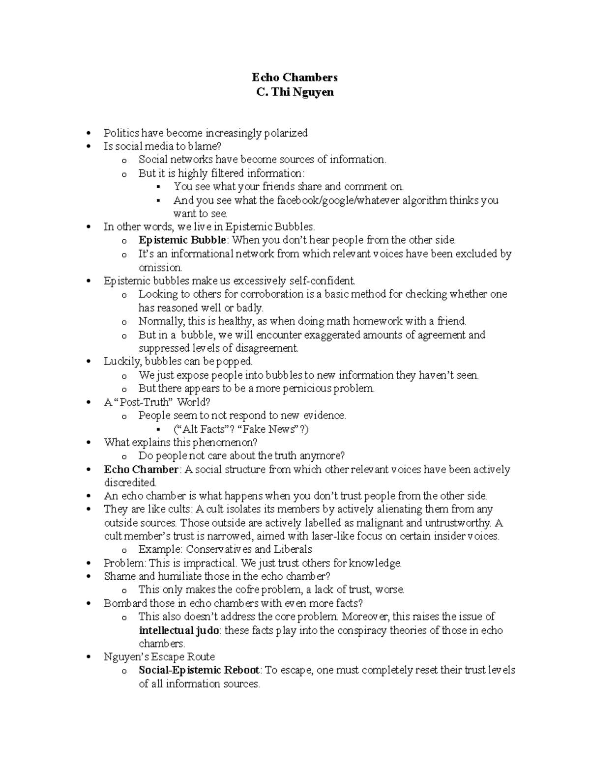 PHI2010 - Echo Chambers - Echo Chambers C. Thi Nguyen Politics have ...