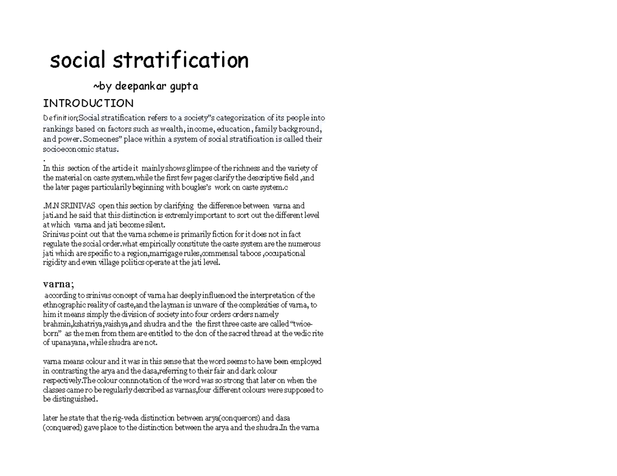 Social stratification - social stratification ~by deepankar gupta INTRODUCTION Definition;Social ...