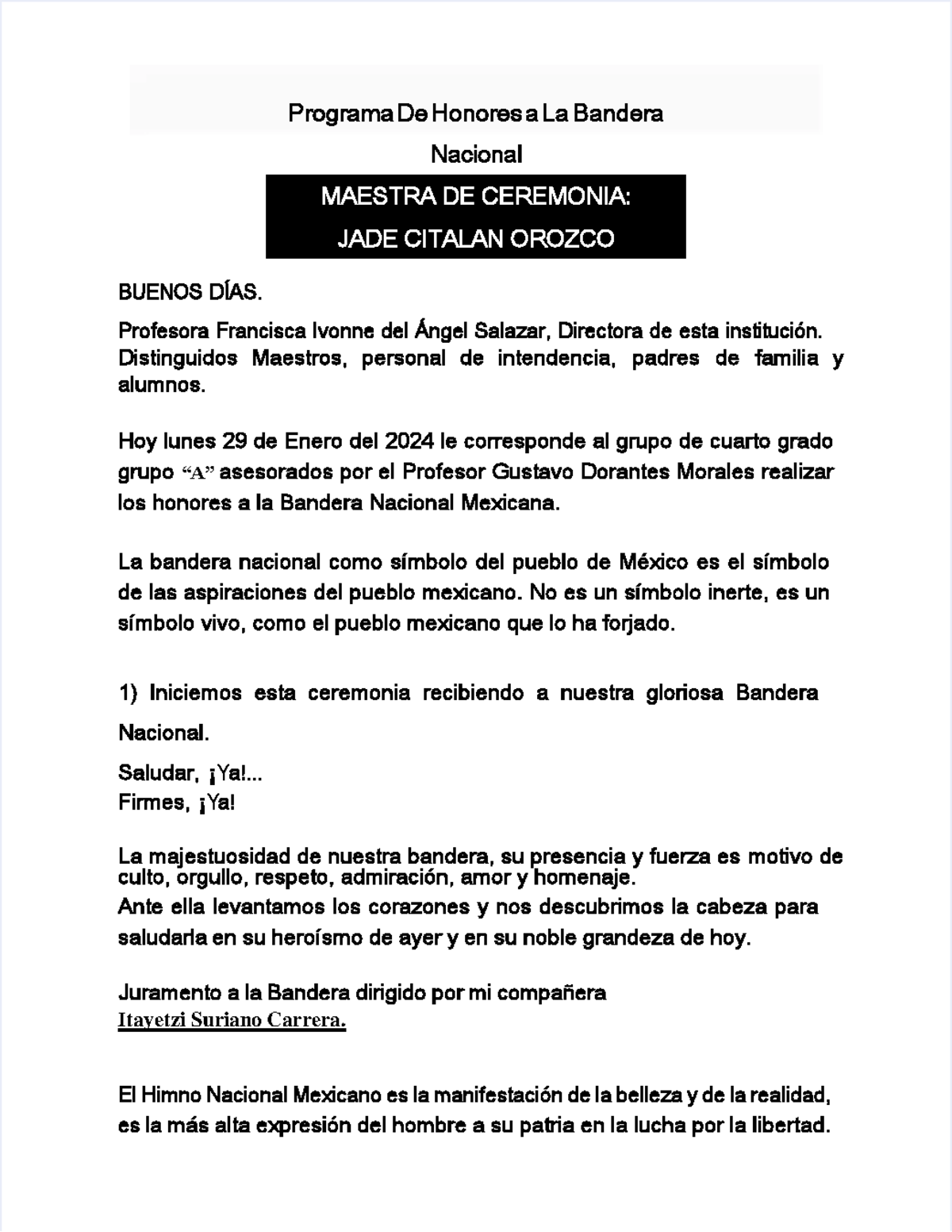 Programa de Homenaje 29 de Enero 2024 - Programa De Honores a La Bandera Nacional MAESTRA DE ...