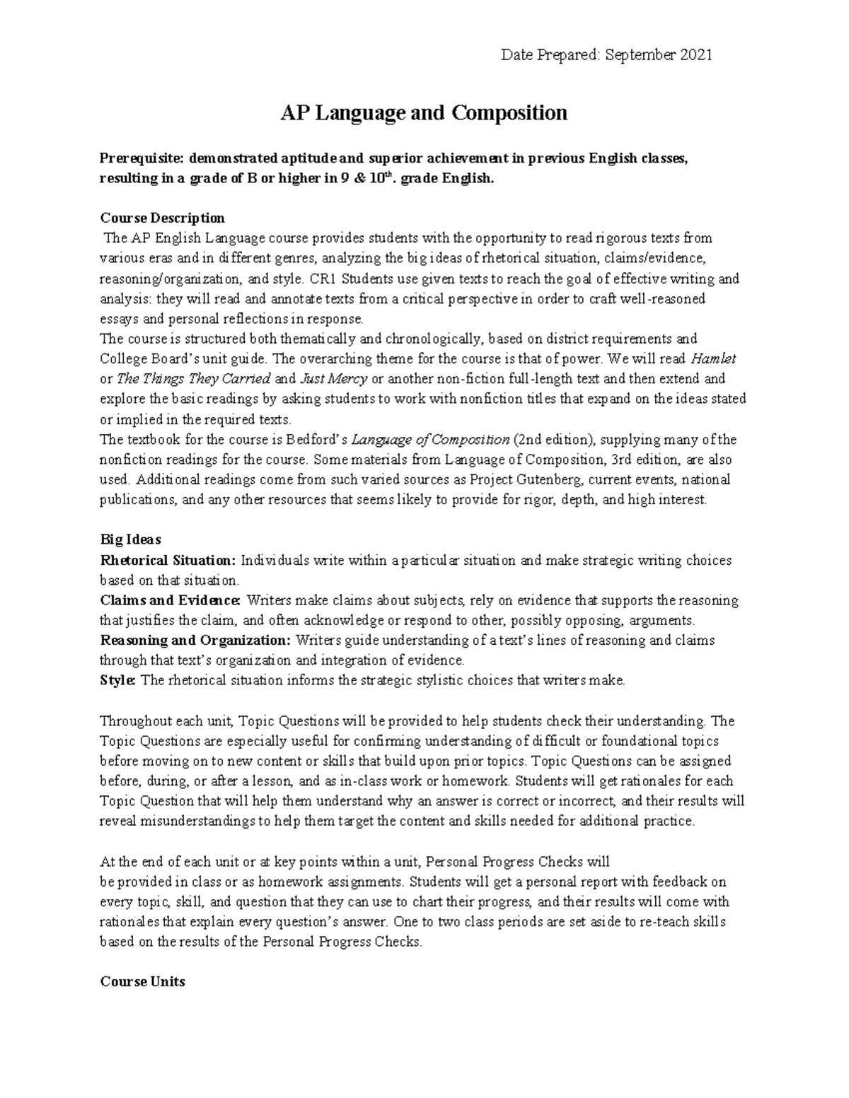 AP Lang Comp 23-24 - egwWEWTw - Date Prepared: September 2021 AP ...