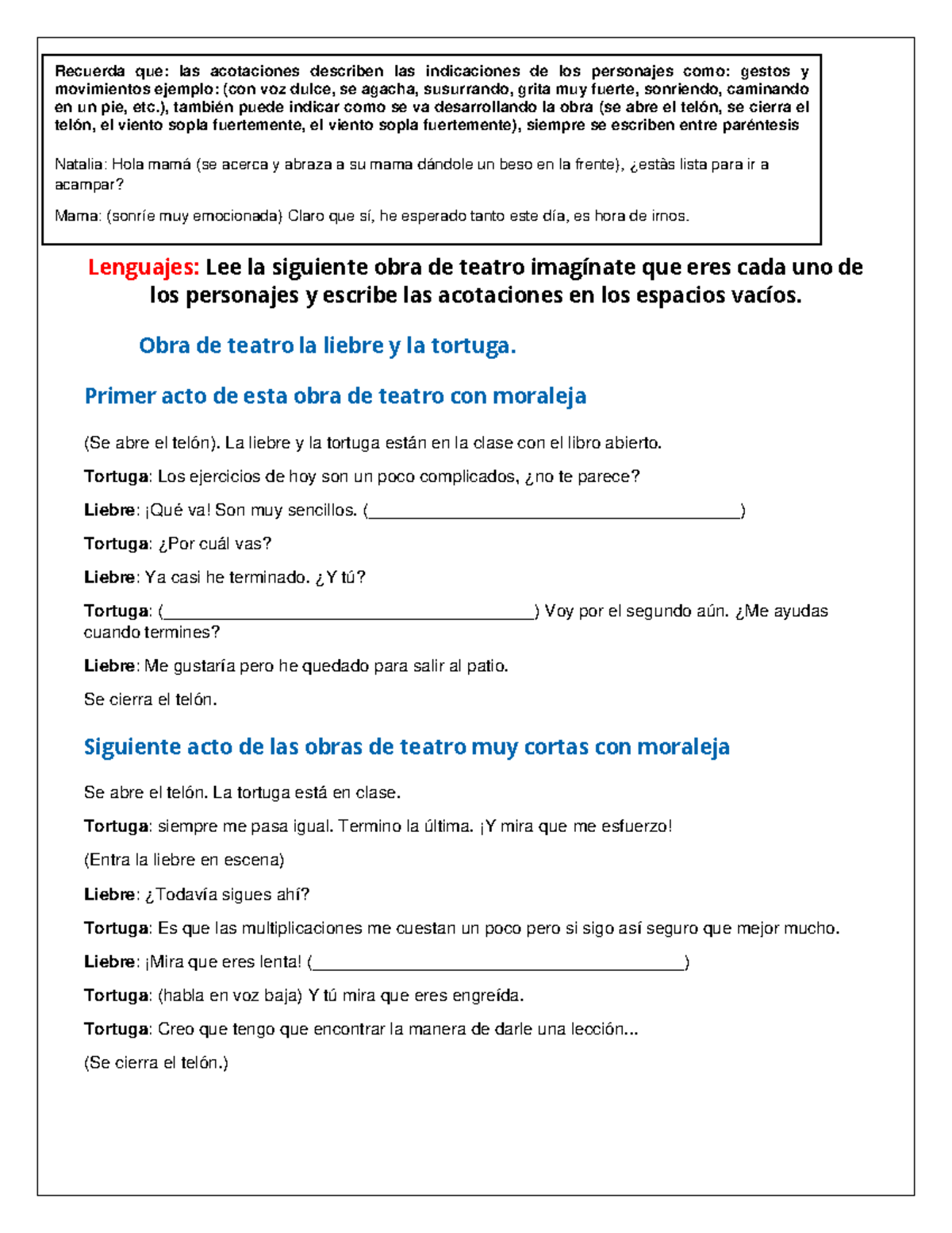 Act - Lenguajes: Lee la siguiente obra de teatro imagínate que eres ...