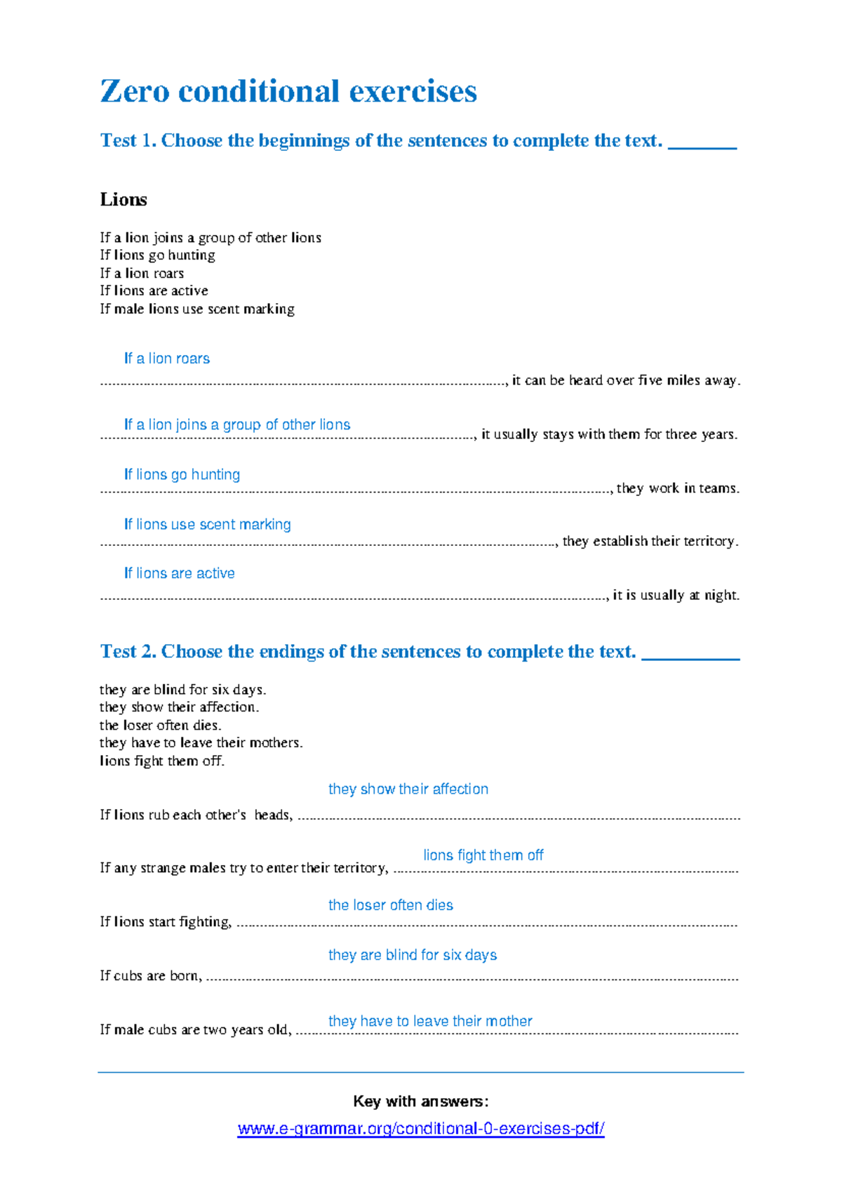 Zero-conditional-exercise-1 English - Key with answers: e-grammar/conditional- 0 - exercises-pdf ...