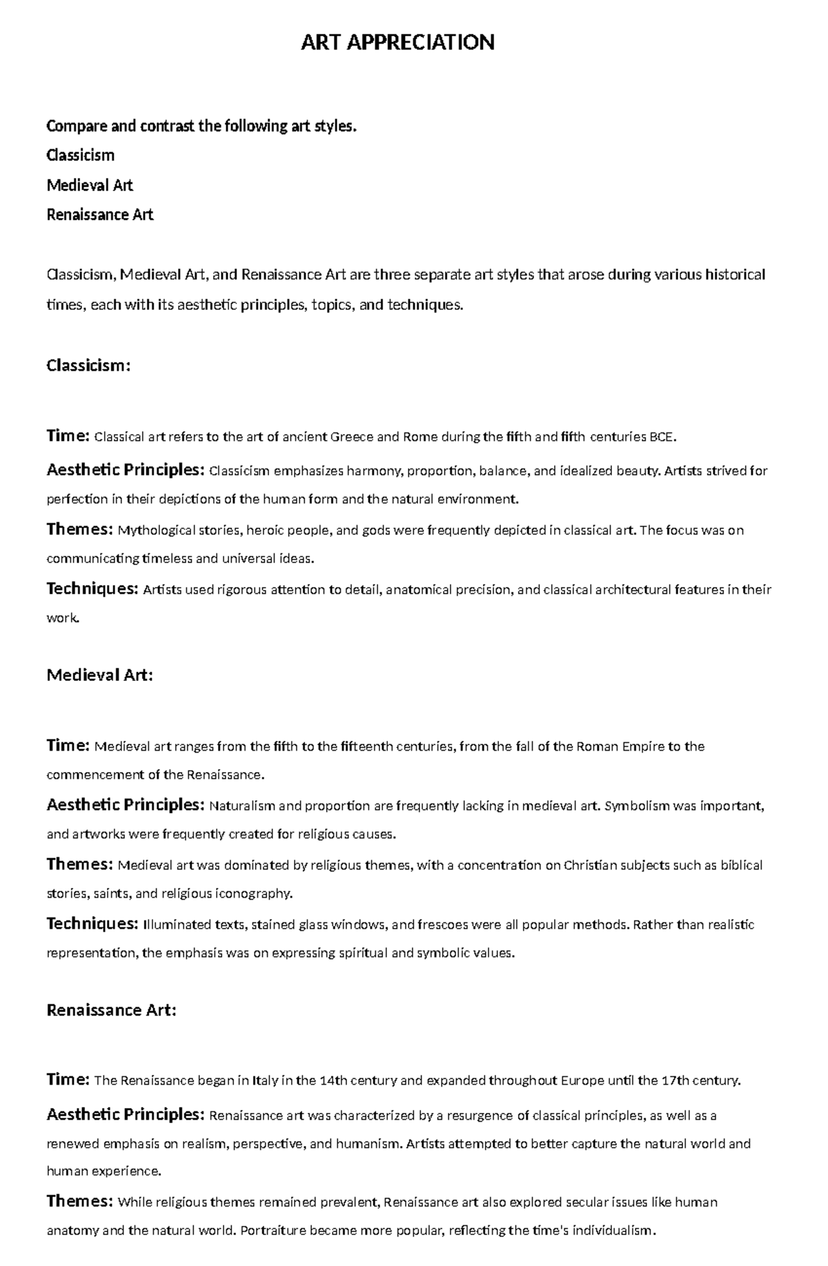 Art Apprecation Activity 2 - ART APPRECIATION Compare and contrast the ...