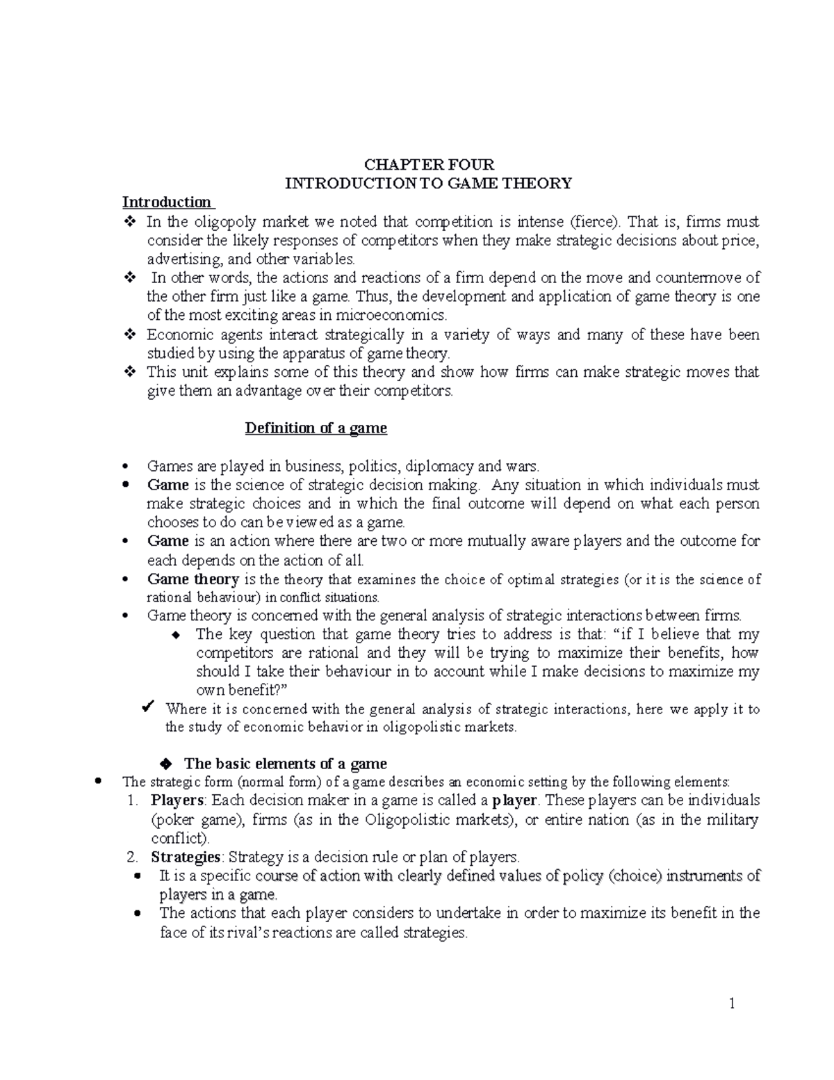Game theory(1) by mihretme - CHAPTER FOUR INTRODUCTION TO GAME THEORY Introduction In the - Studocu