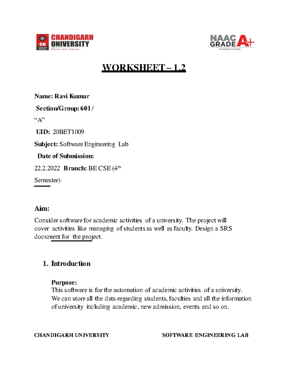 Experiment 1.2 Q 1 - Software Engineering Lab Worksheet - WORKSHEET – 1 ...