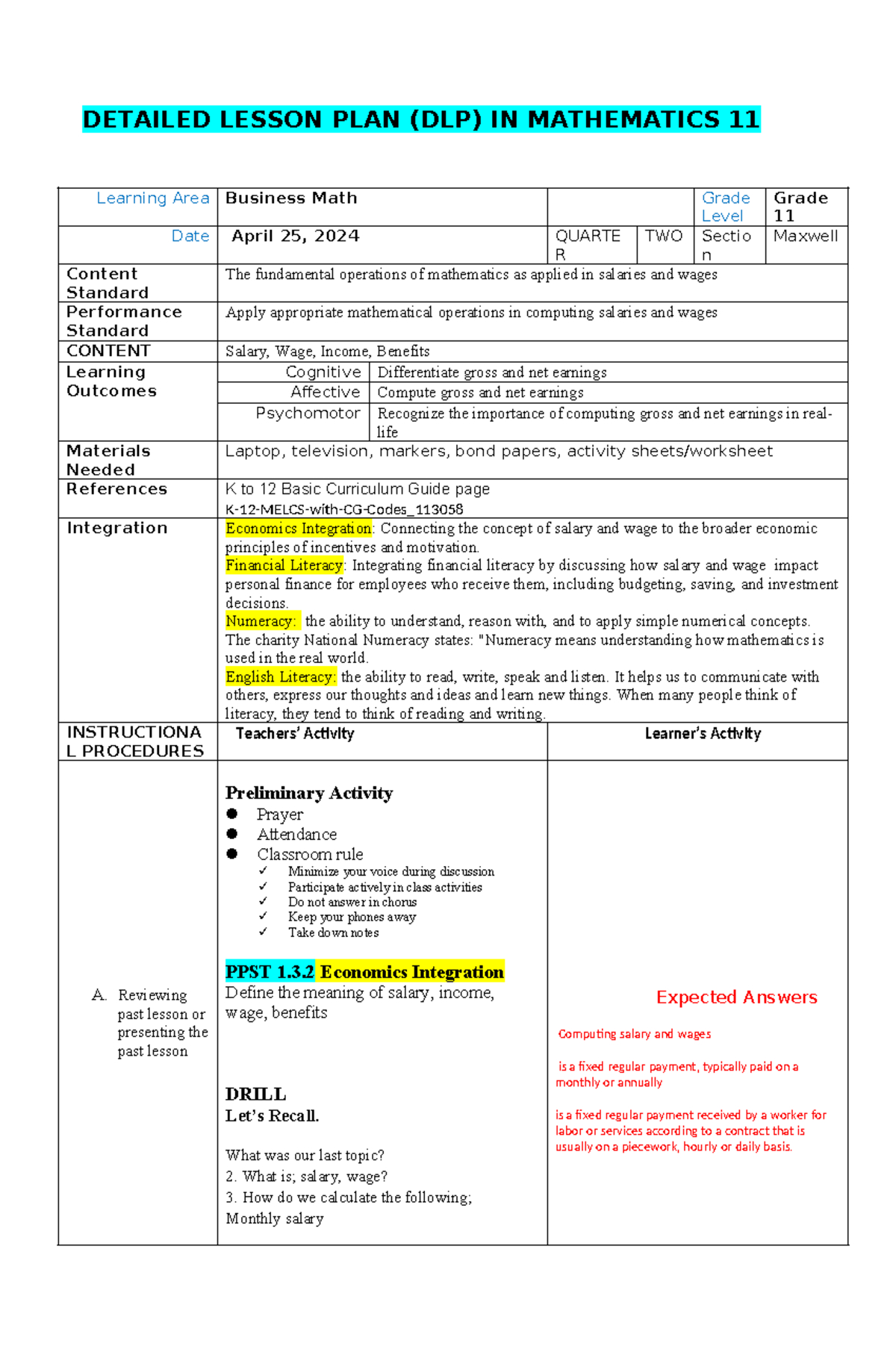 Gross and Net Earnings - DETAILED LESSON PLAN (DLP) IN MATHEMATICS 11 ...