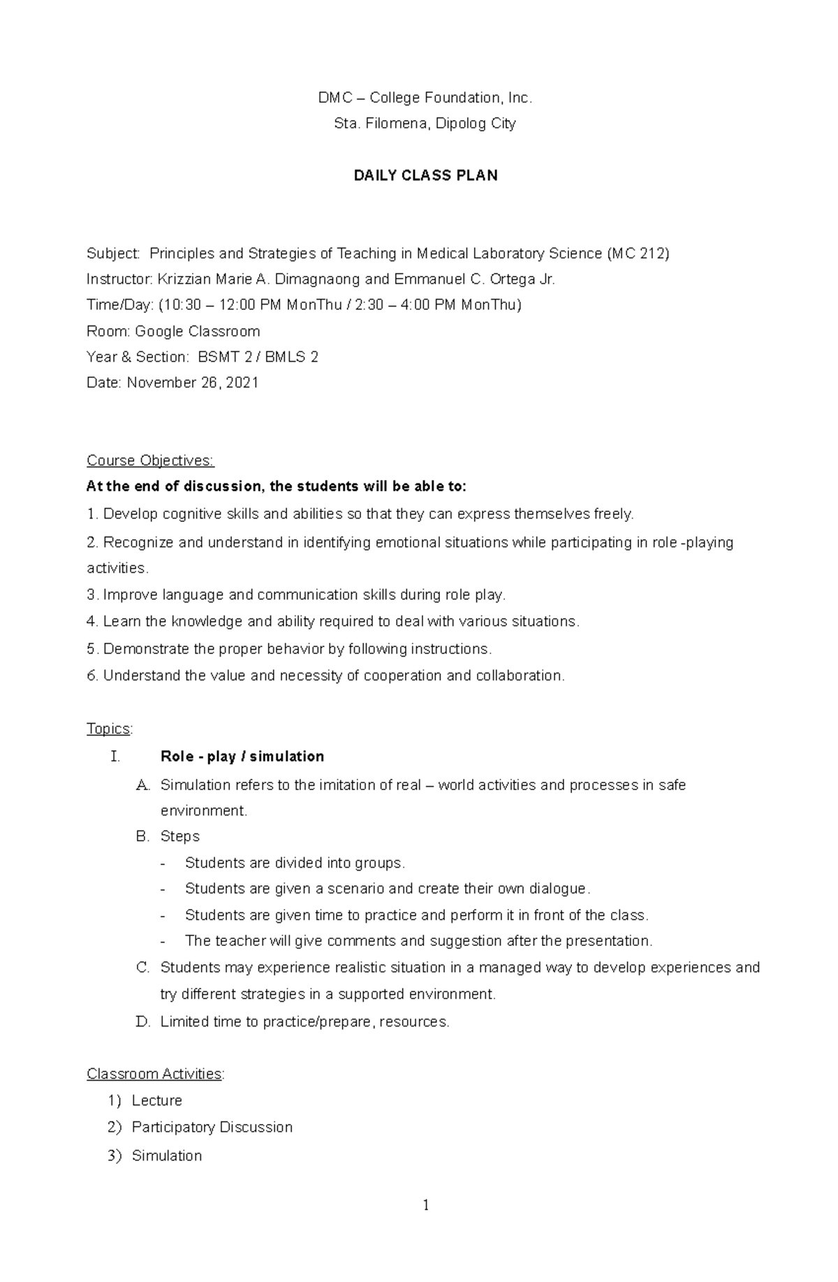 Daily Class Plan - Dimagnaong, Ortega - DMC – College Foundation, Inc ...