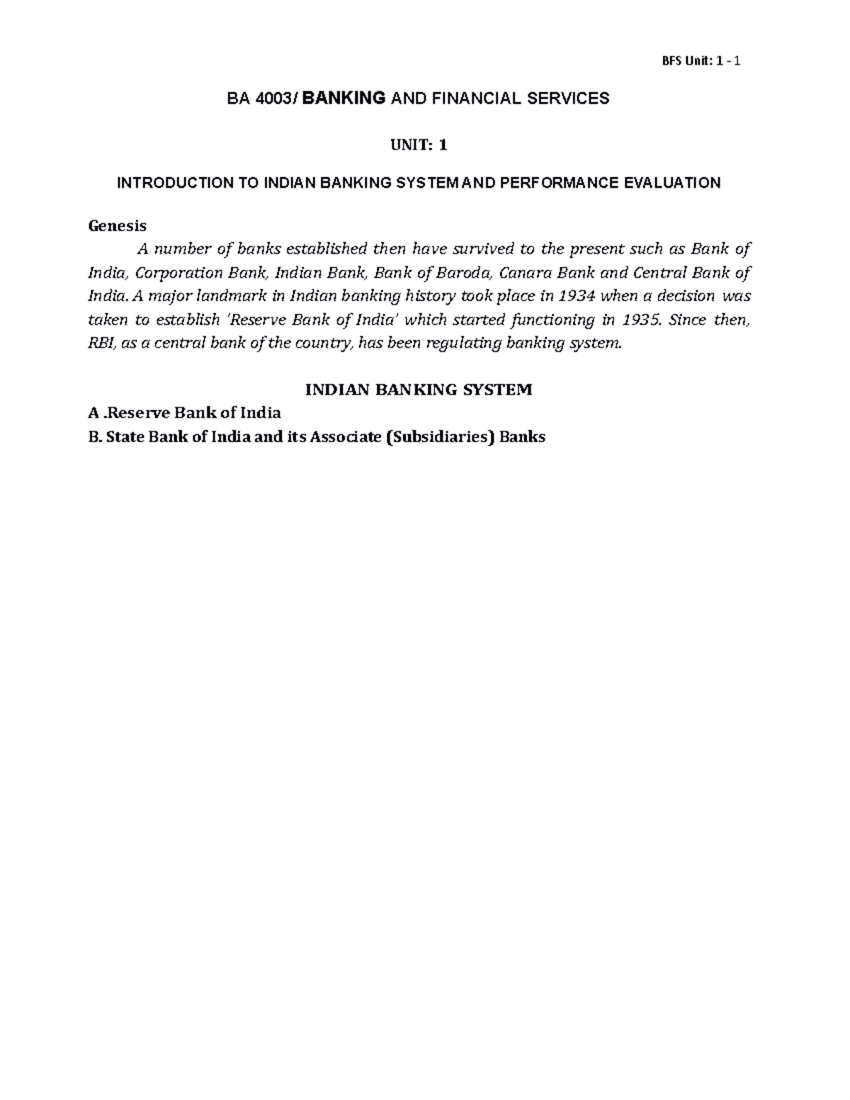 BFS Unit 1 R-21 - NIL - BA 4003/ BANKING AND FINANCIAL SERVICES UNIT: 1 ...