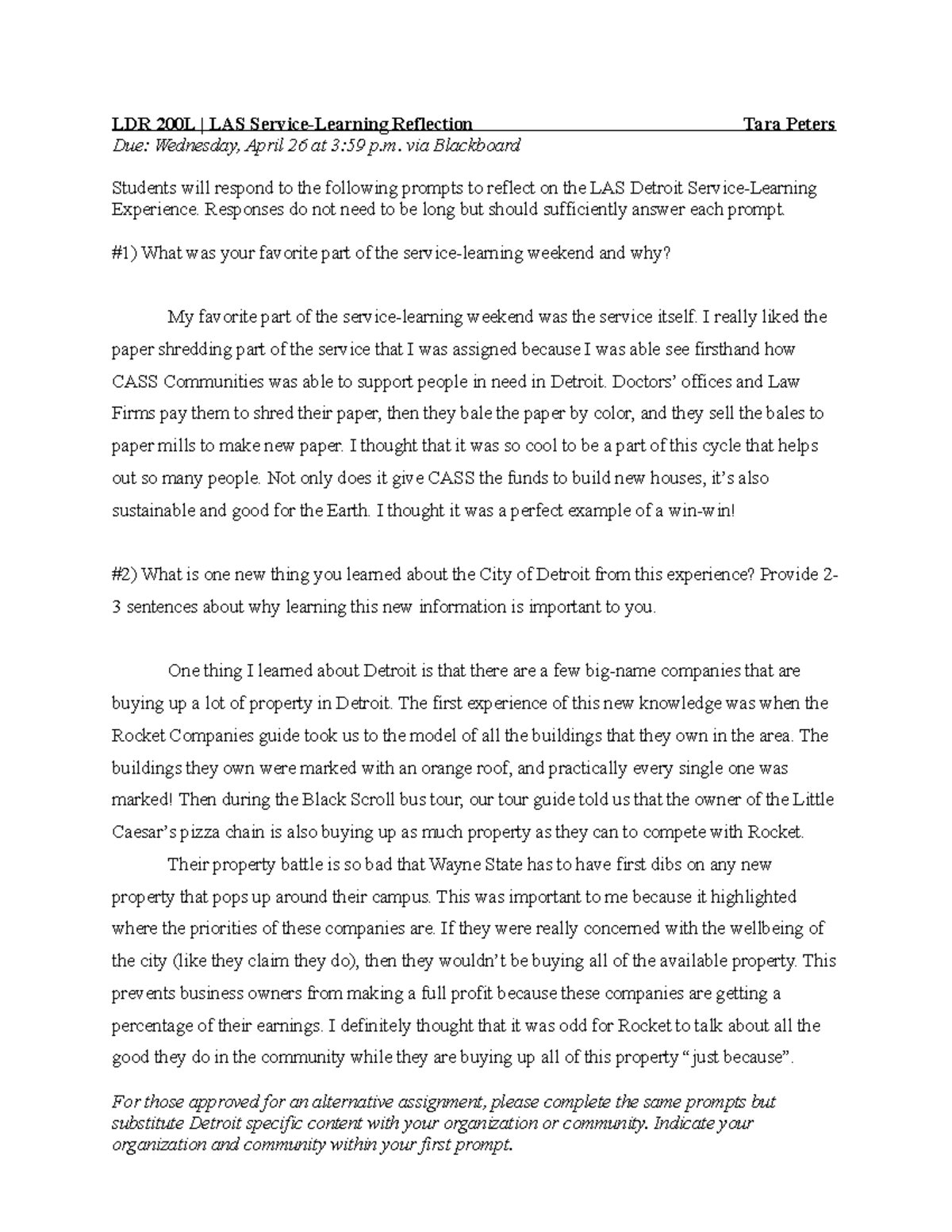 LDR 200L-LAS Service Learning Reflection - LDR 200L | LAS Service ...