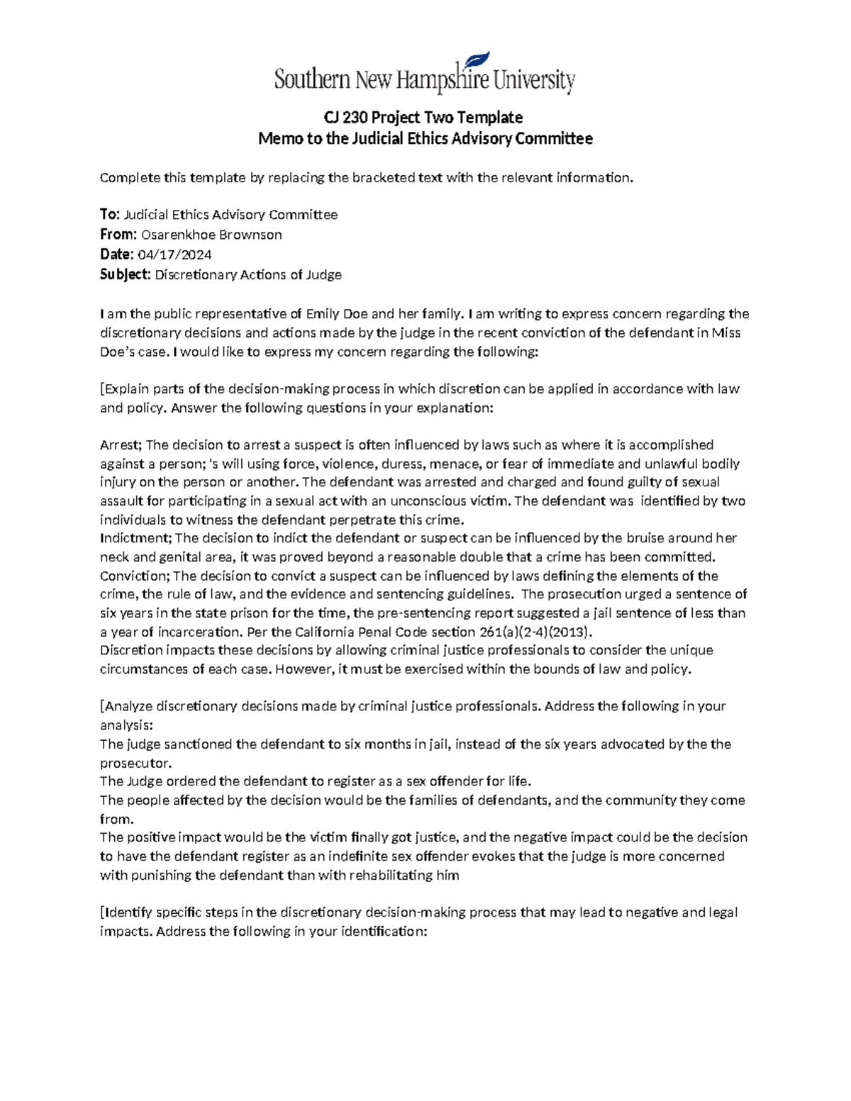 Discretion of criminal justice 7-2 - CJ 230 Project Two Template Memo ...