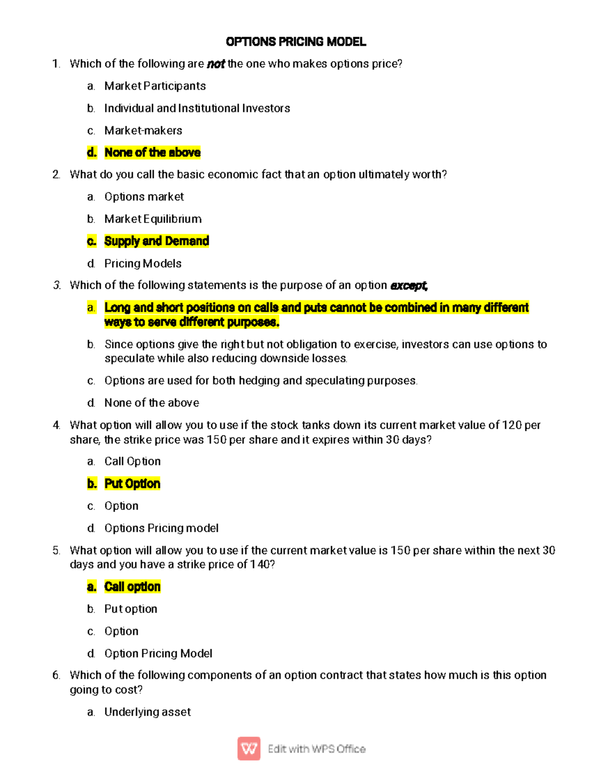Options Pricing Model Questions - OPTIONS PRICING MODEL Which of the ...