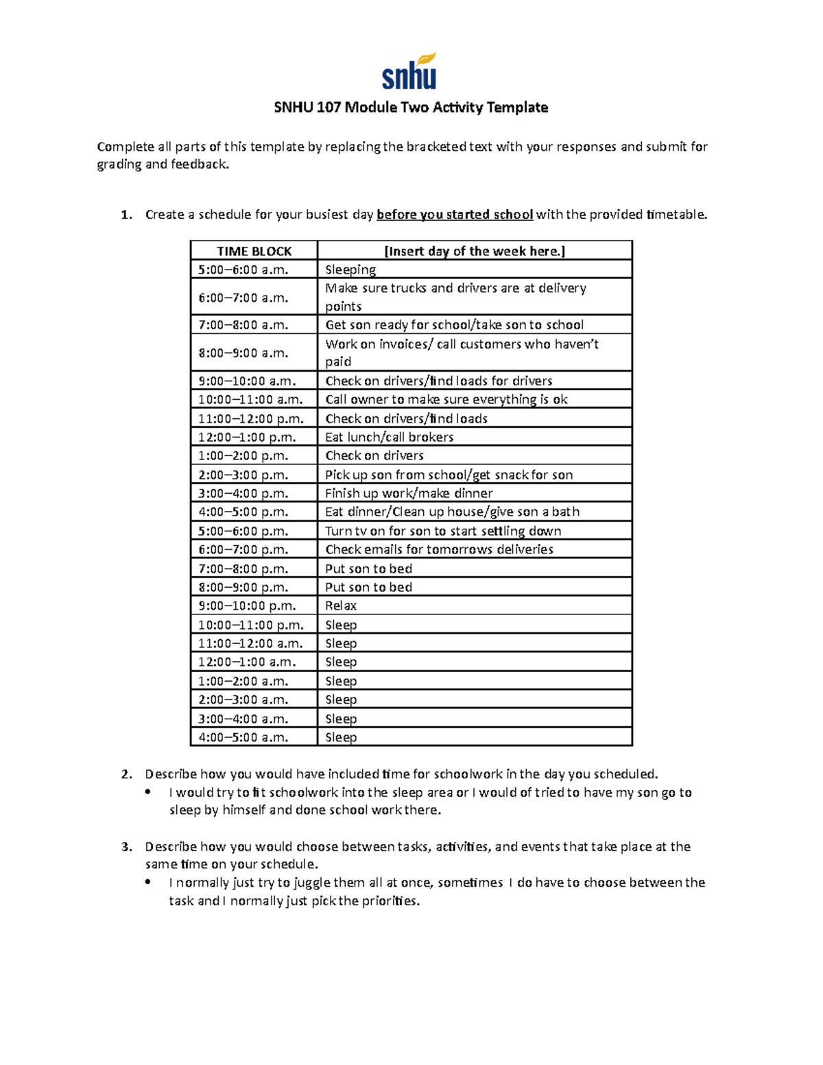 SNHU 107 Module Two Activity - Create a schedule for your busiest day ...