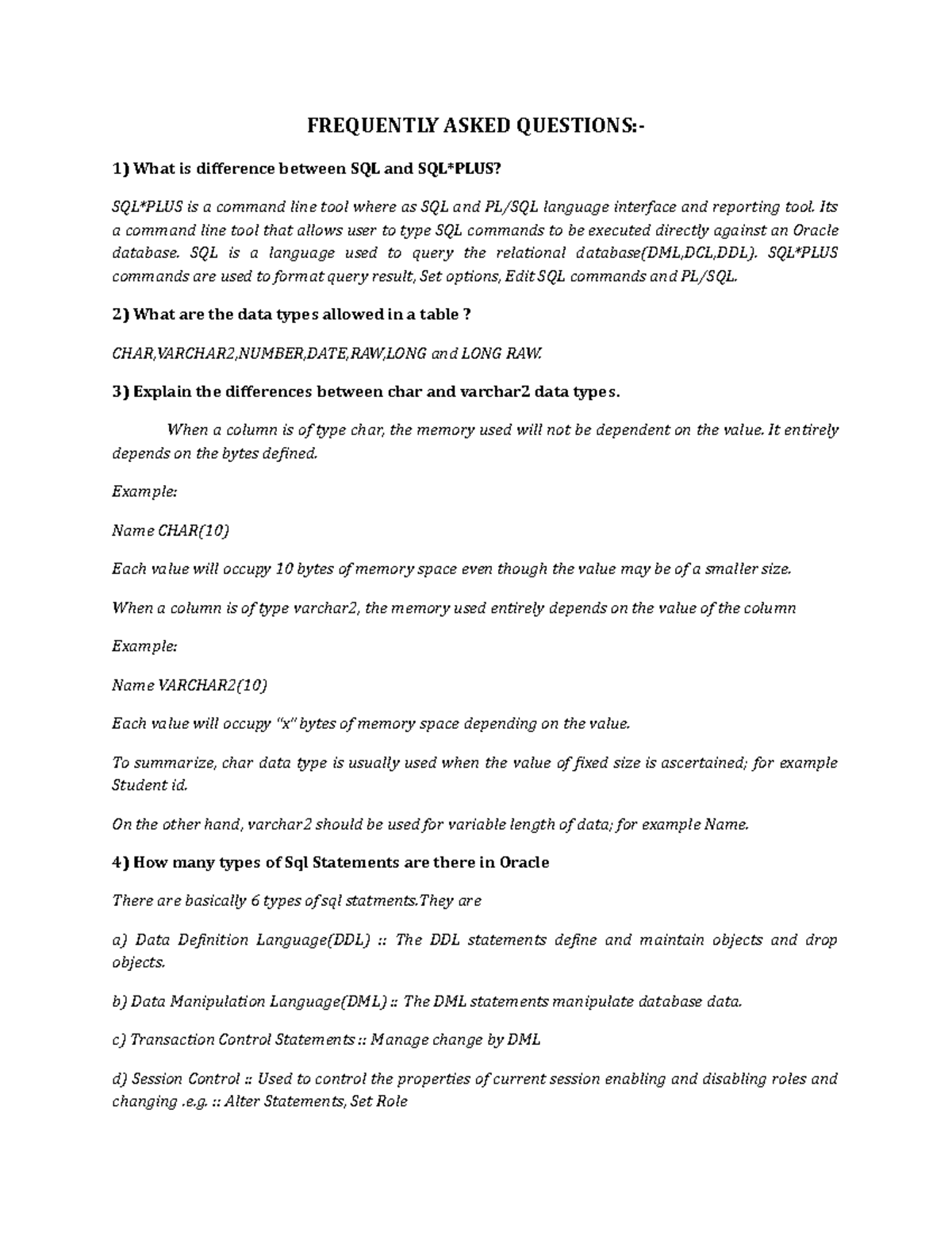 Oracle Interview Questions Frequently Asked Questions What Is Difference Between Sql And