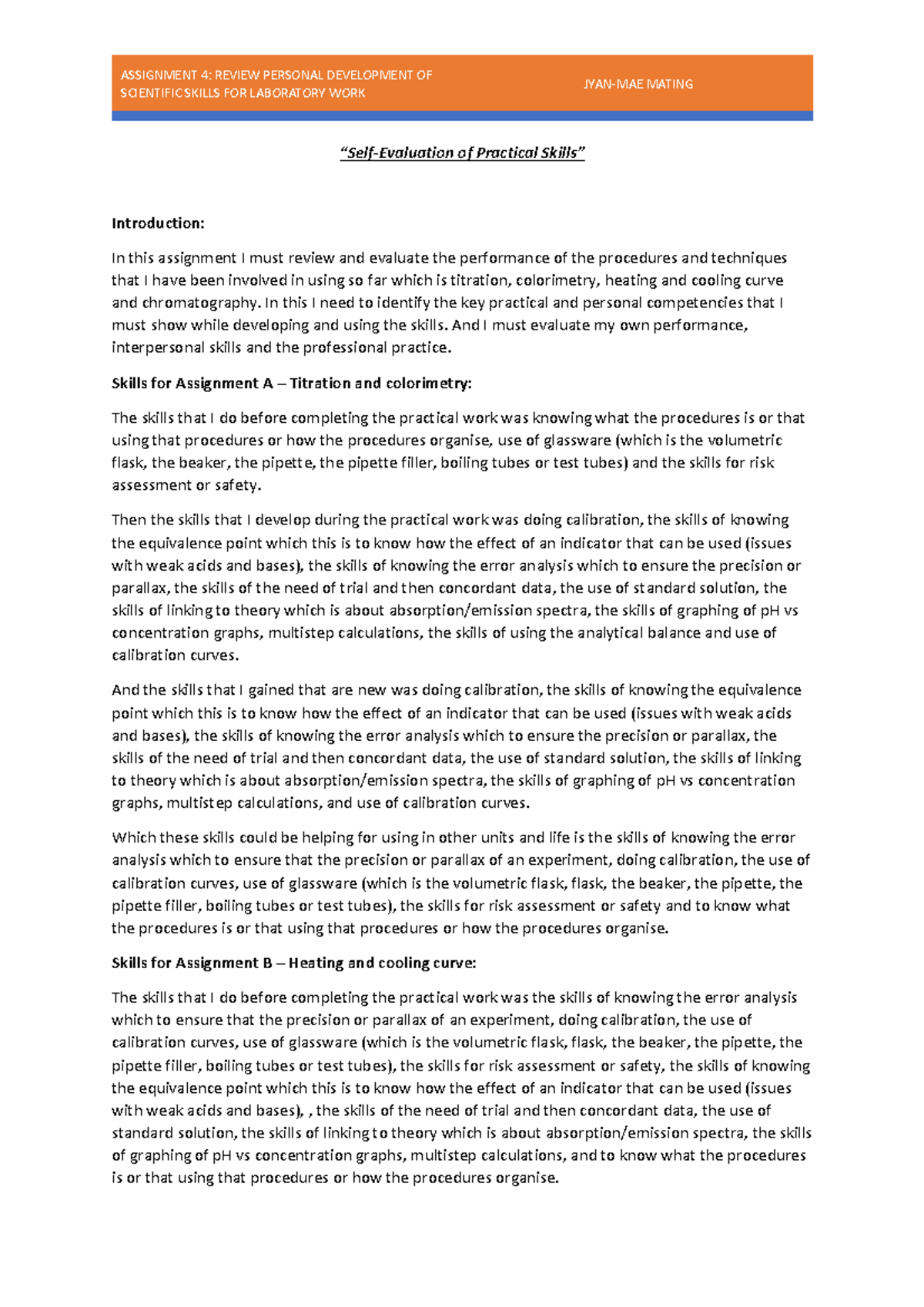 Science report assignment 4 self evaluation of practical skills ...