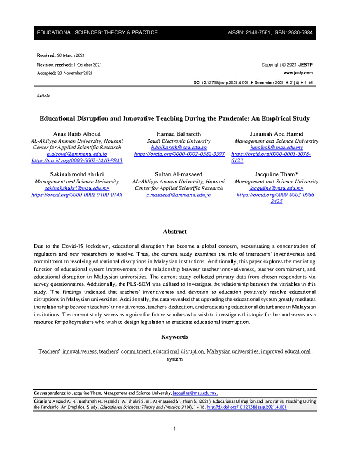 Final-Paper+#+9+(Education+Disruption) - EDUCATIONAL SCIENCES: THEORY ...