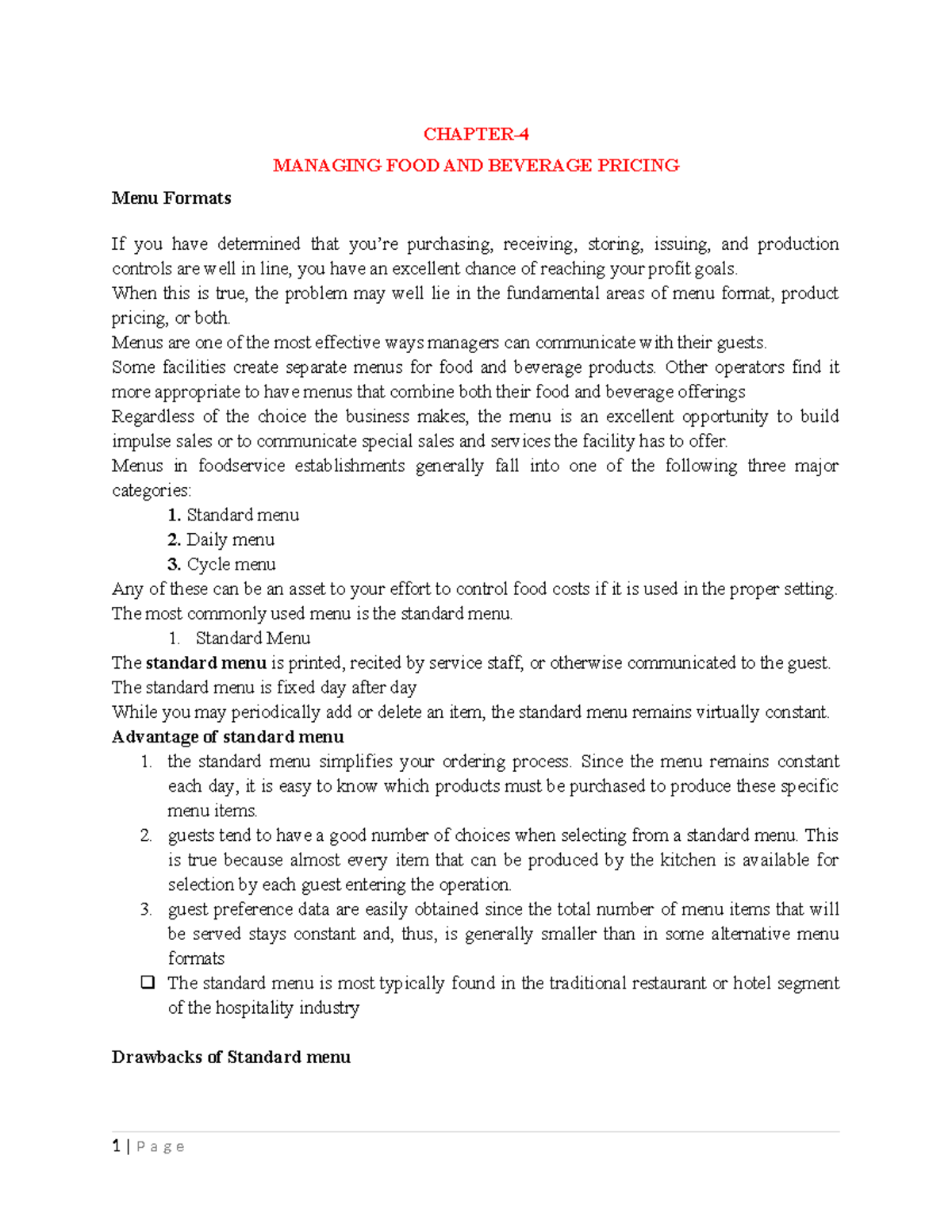 Chapter 4 word - CHAPTER- MANAGING FOOD AND BEVERAGE PRICING Menu ...