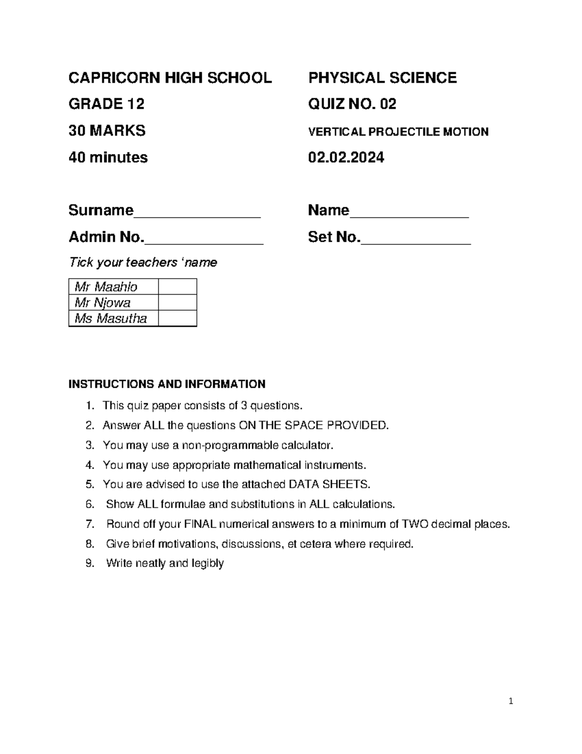 Quiz 2 VPM-1 - vertical projectile motion - CAPRICORN HIGH SCHOOL ...