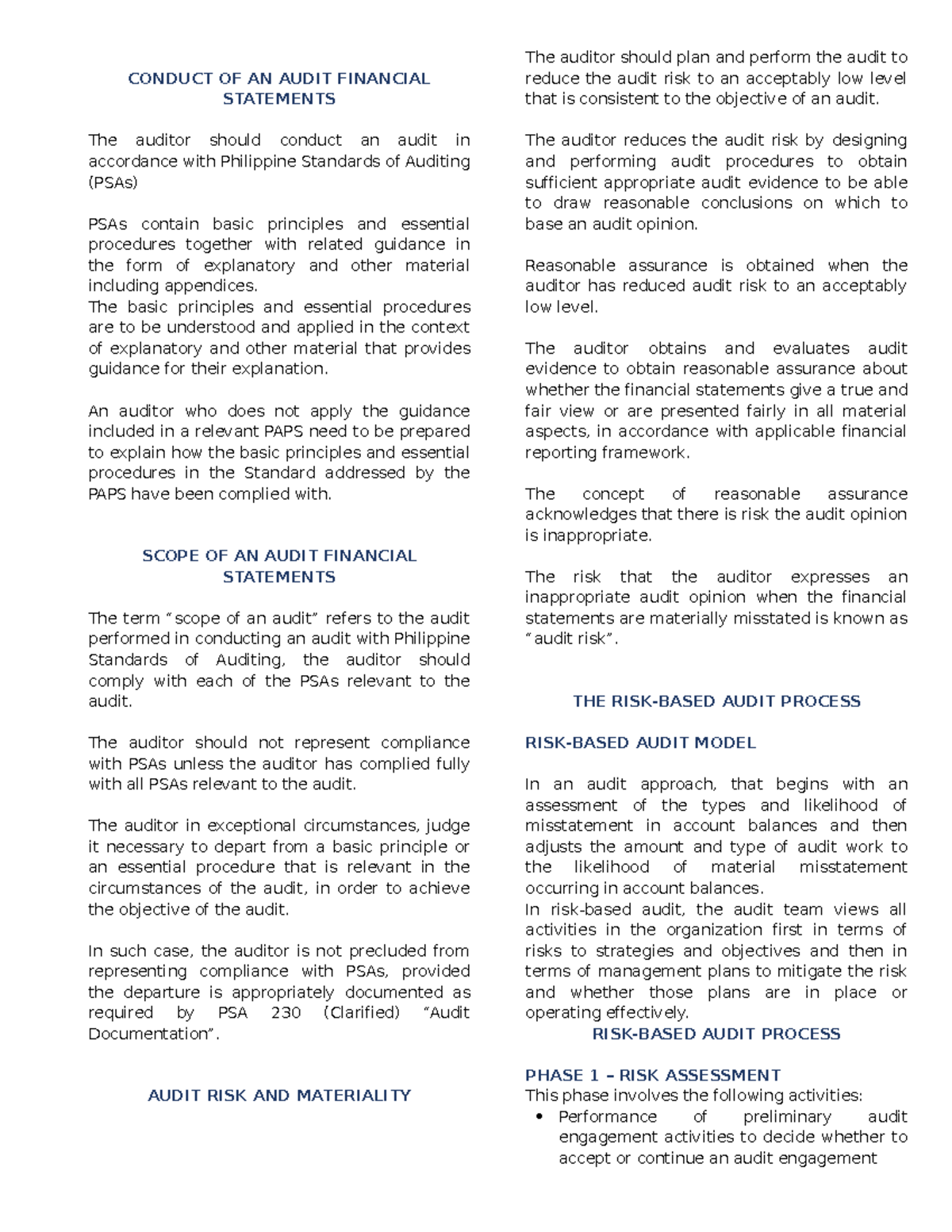 Audit of FS - CONDUCT OF AN AUDIT FINANCIAL STATEMENTS The auditor ...