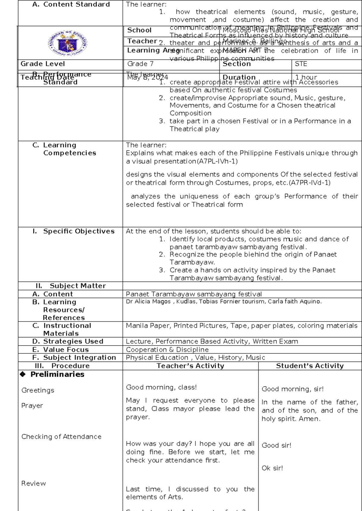 Lesson PLAN Grade 7 final demo - A. Content Standard The learner: 1 ...