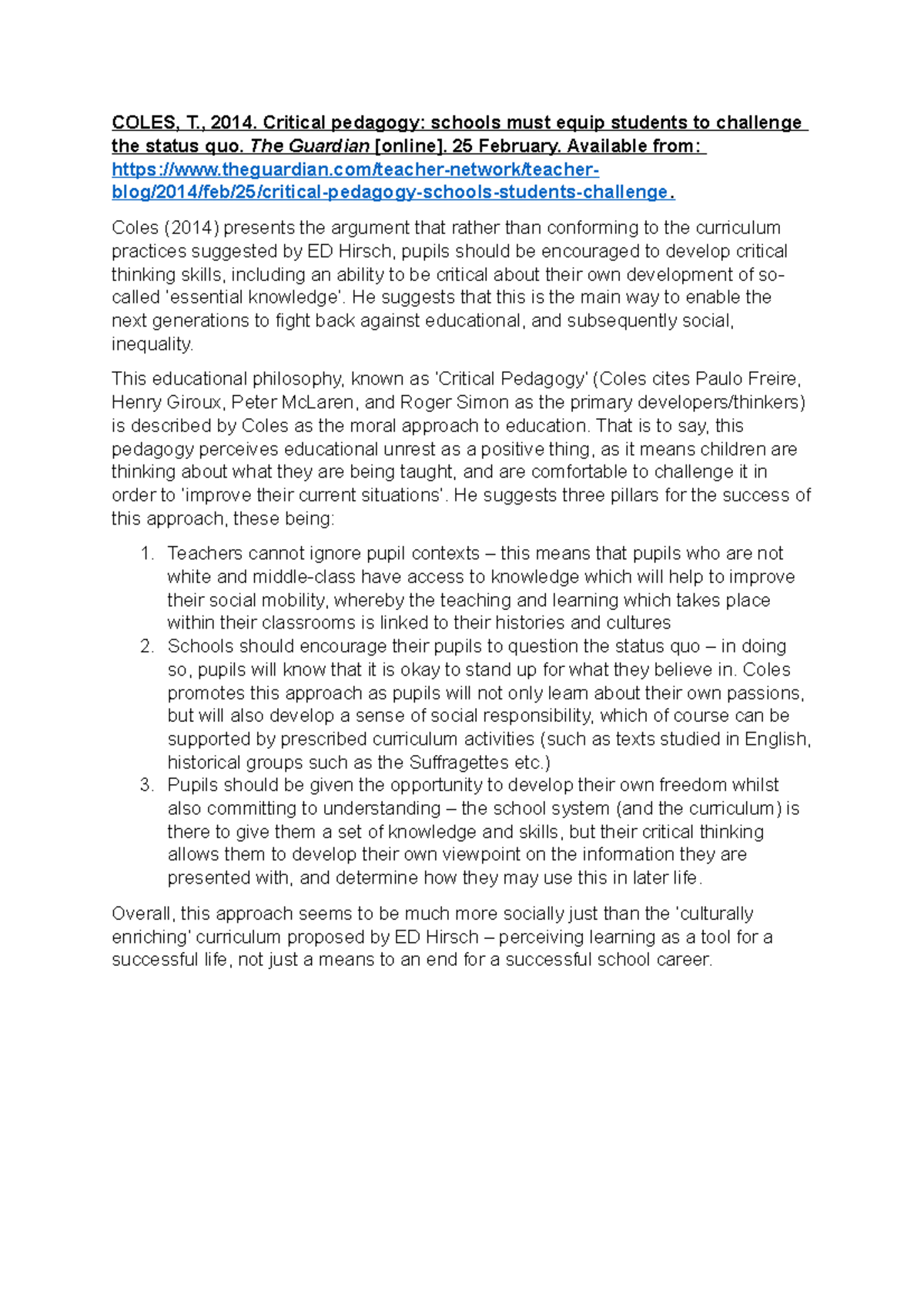 Coles 2014 Summary - Directed task in AY 20/21 - following a lecture on ...