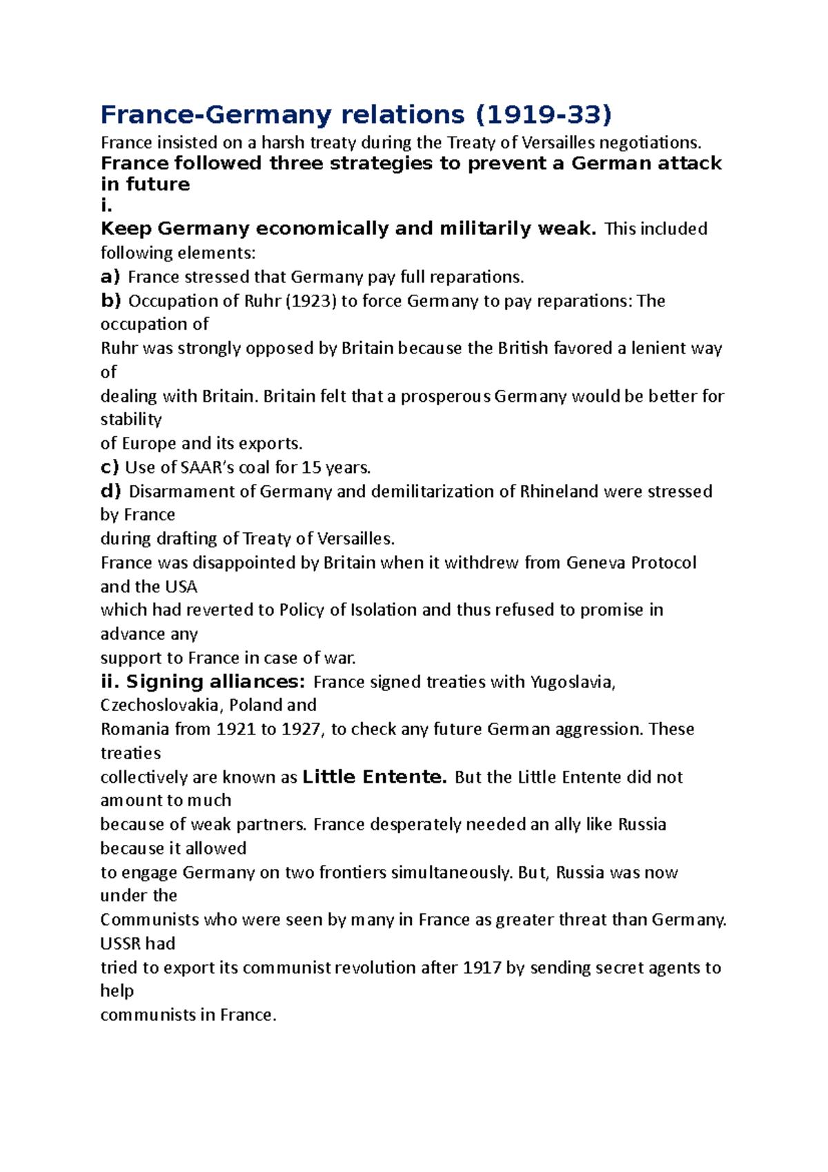 Post first World War - France-Germany relations (1919-33) France ...