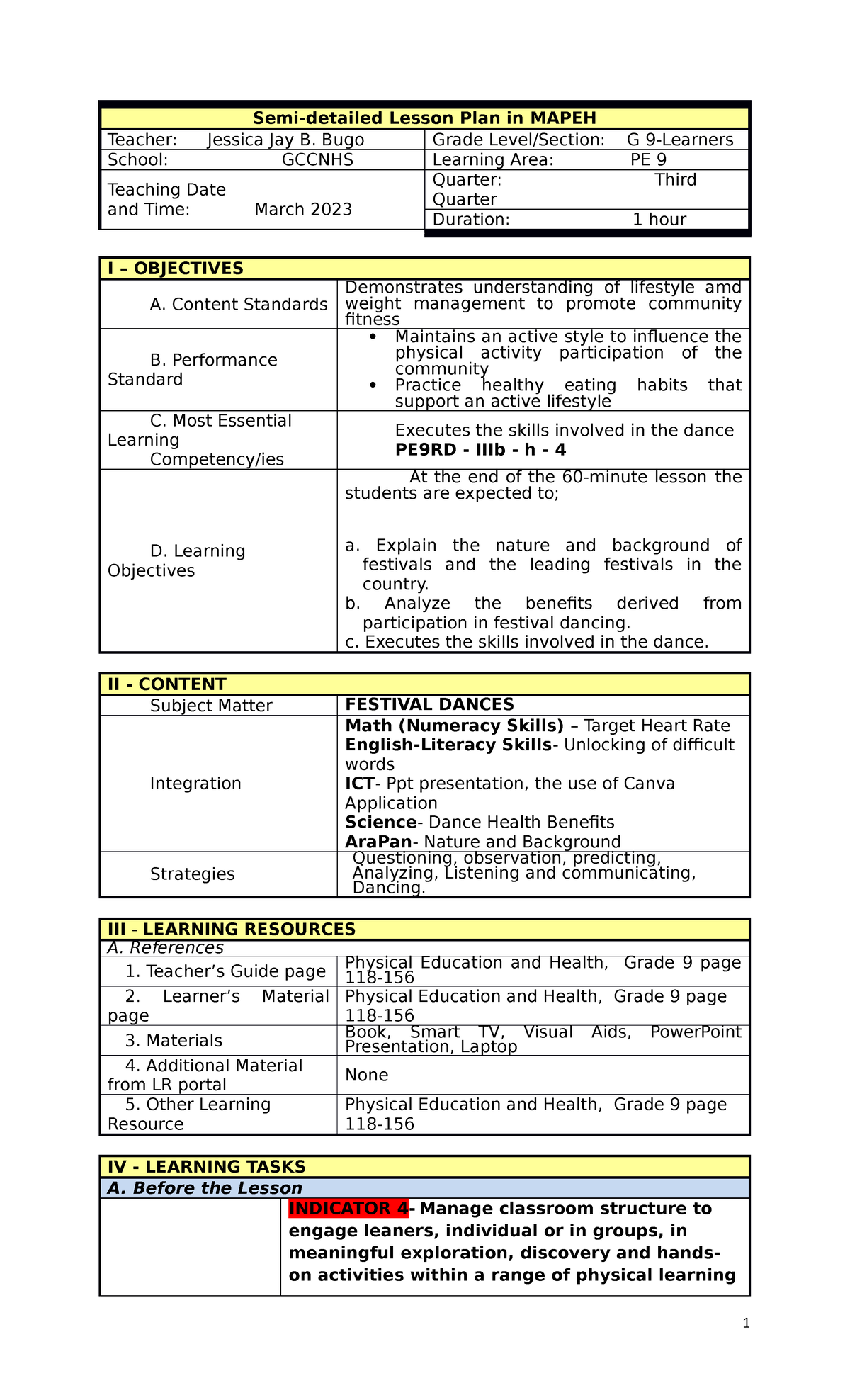 Final LP Festivals revise - Semi-detailed Lesson Plan in MAPEH Teacher ...