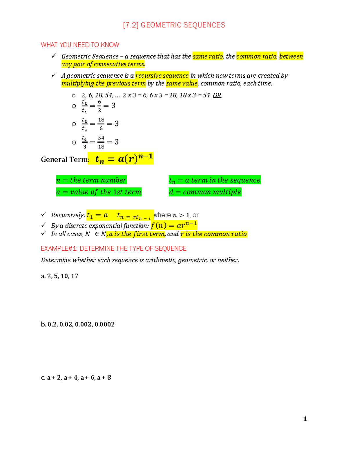 7.2 Geometric Sequences - Notes [Student] - WHAT YOU NEED TO KNOW ...