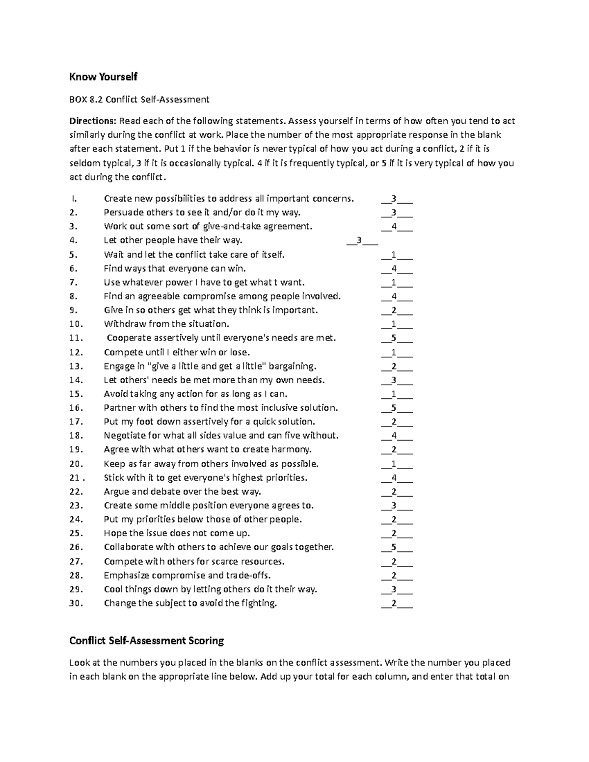 Conflict Self-Assessment Tool - Know Yourself BOX 8 Conflict Self ...
