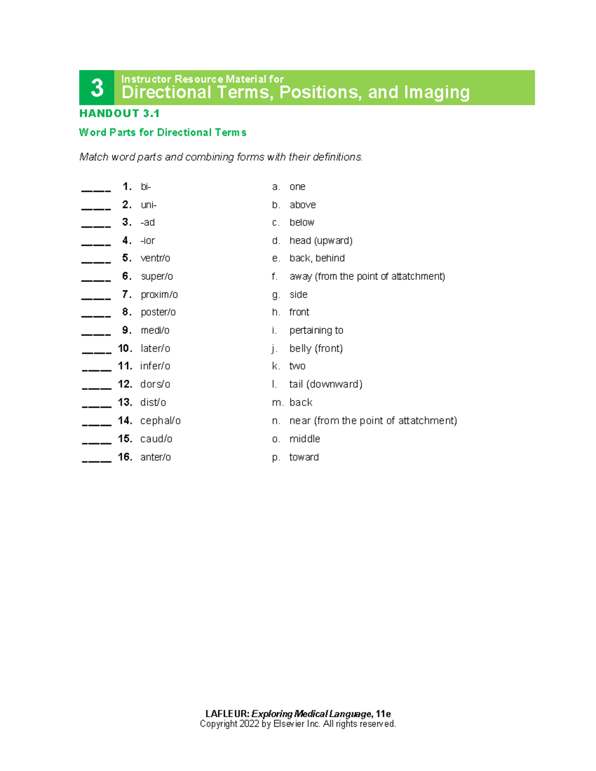Worksheets MT 3-1 - none - LAFLEUR: Exploring Medical Language, 11e 3 ...