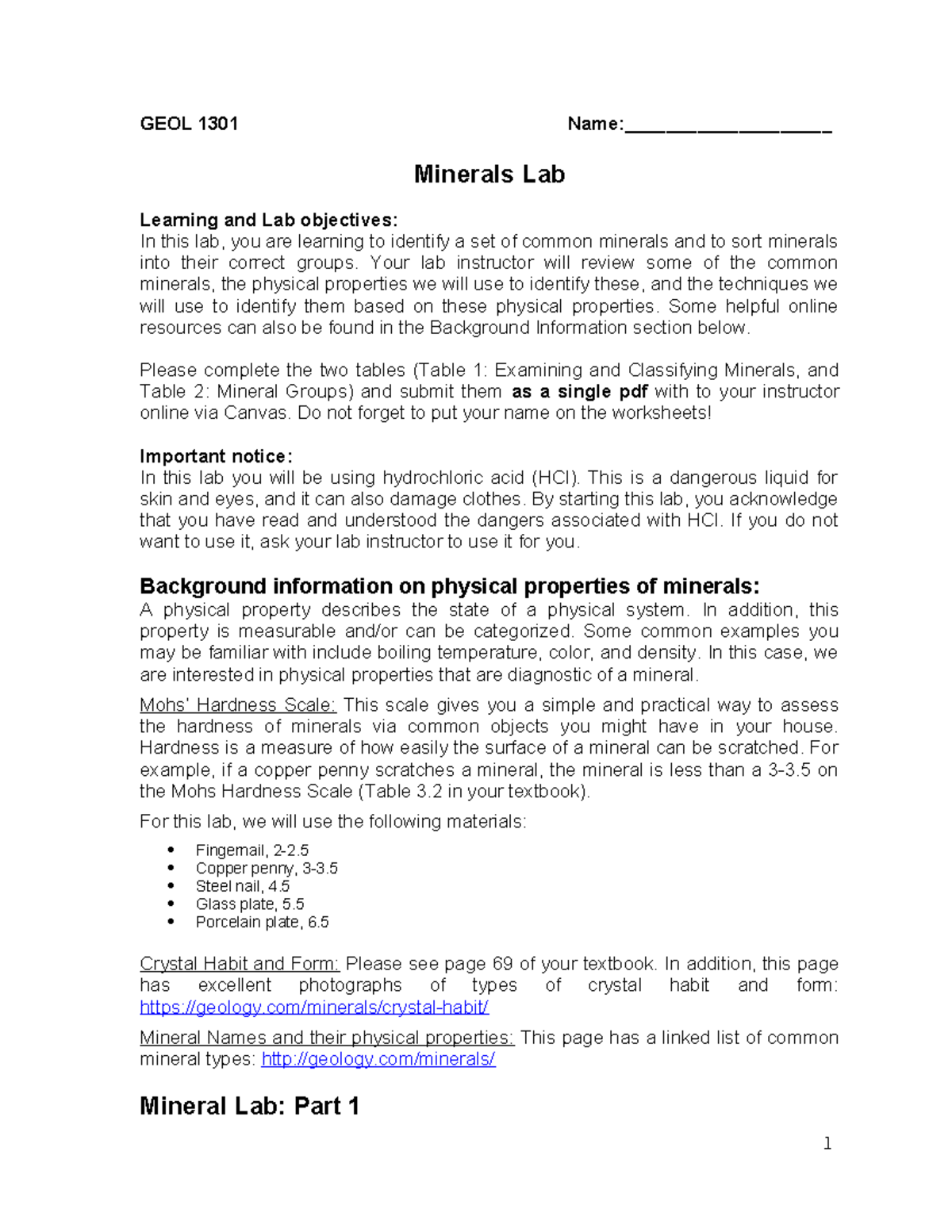 GEOL 1301 - Lab 02 - Minerals - GEOL 1301 Name ...