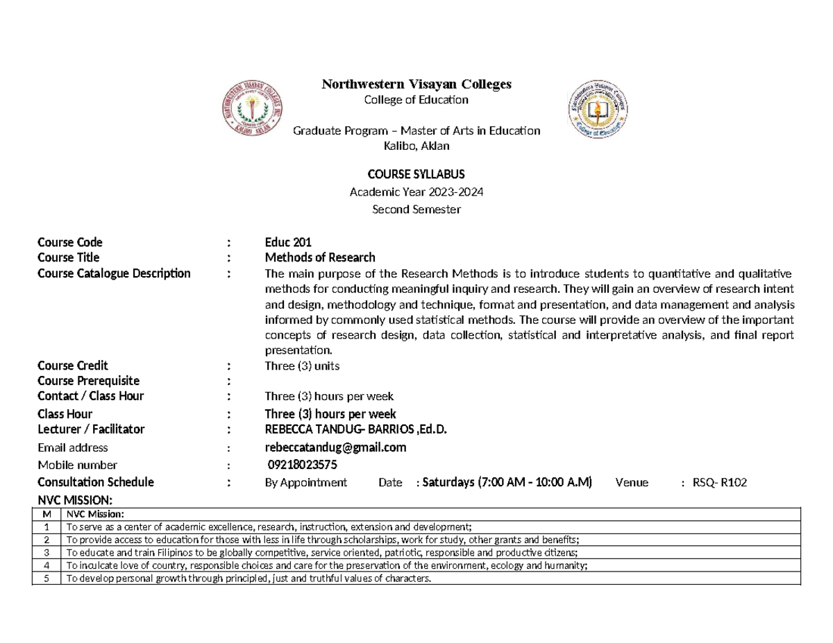 Methods OF Research Syllabus 2023 2024 1 - Northwestern Visayan ...