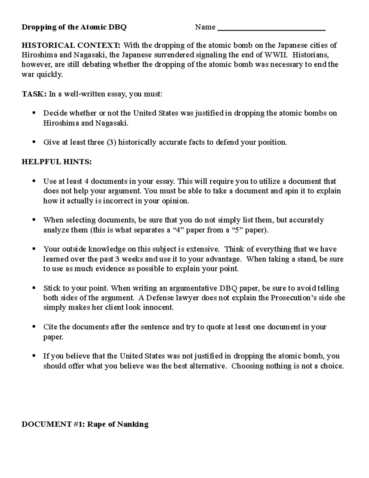 36 Decision to use the Atomic Bomb DBQ - Dropping of the Atomic DBQ ...