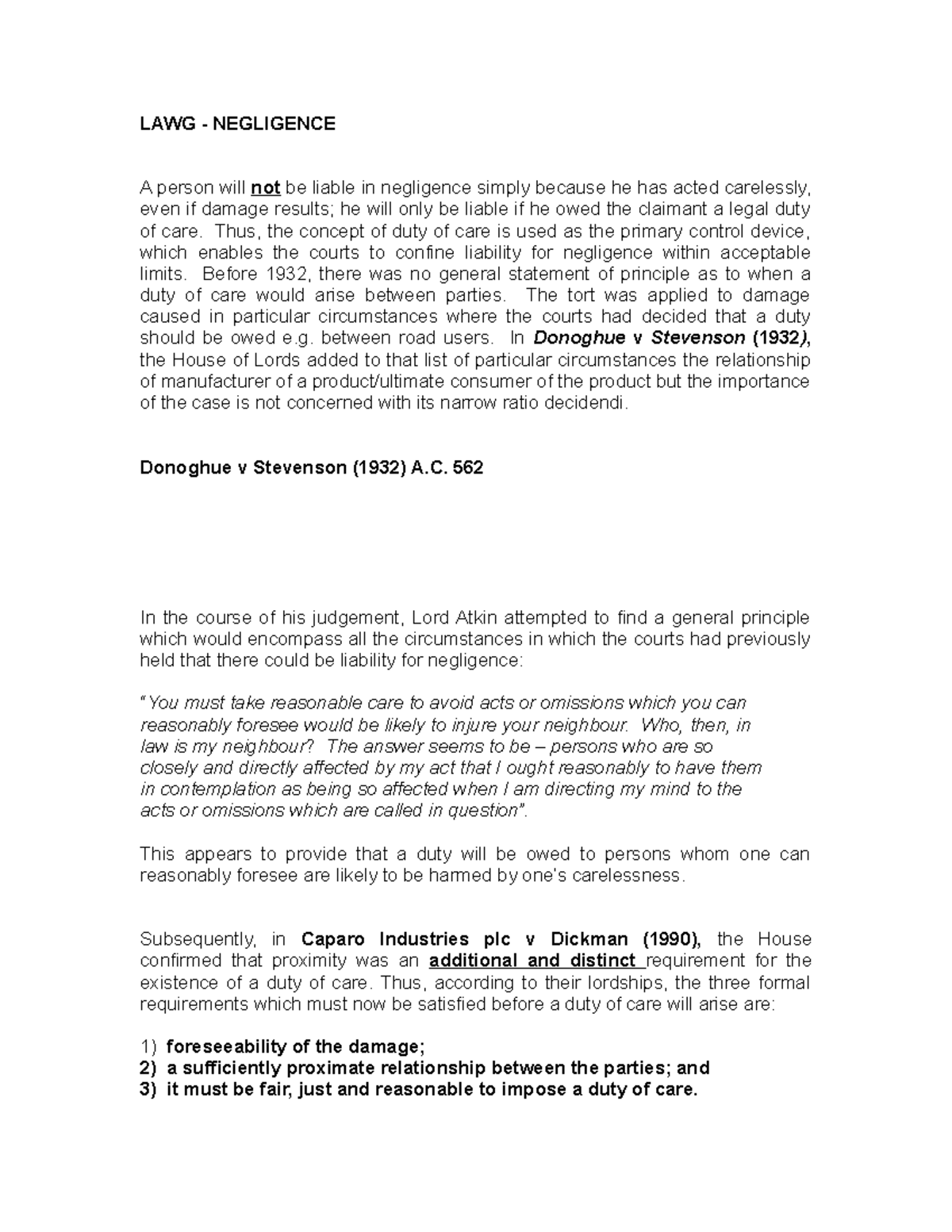 LAW Negligence - Summary Introduction to Law - LAWG NEGLIGENCE A person ...